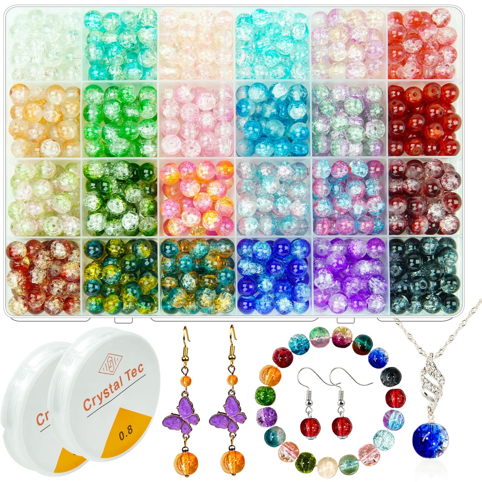 Amazon.com: 720PCS 8mm Glass Beads for Jewelry Making Kit, Crackle ...