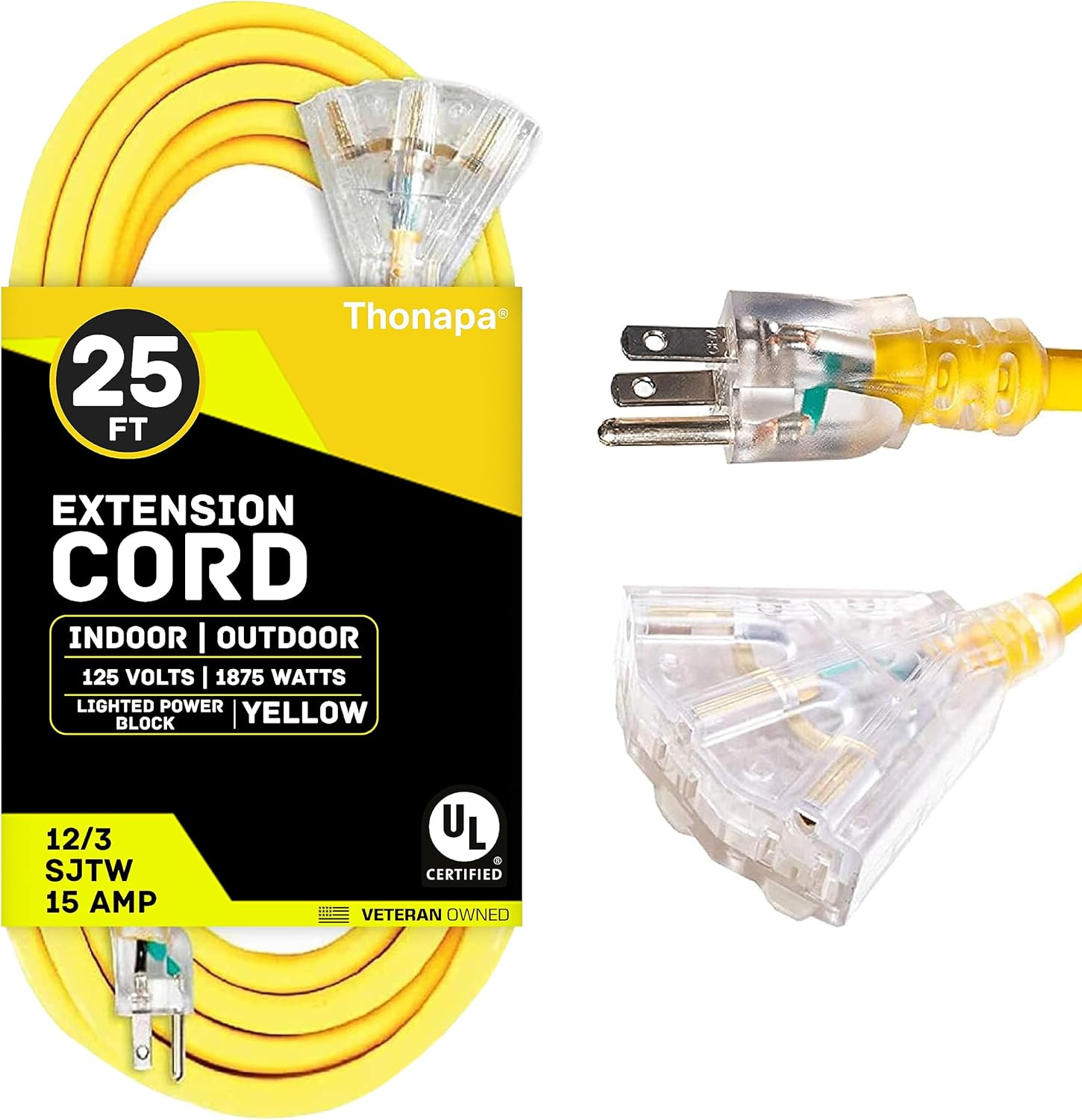 Thonapa 3 Outlet Lighted Outdoor Extension Cord 25 ft - 12 Gauge 15 Amp ...