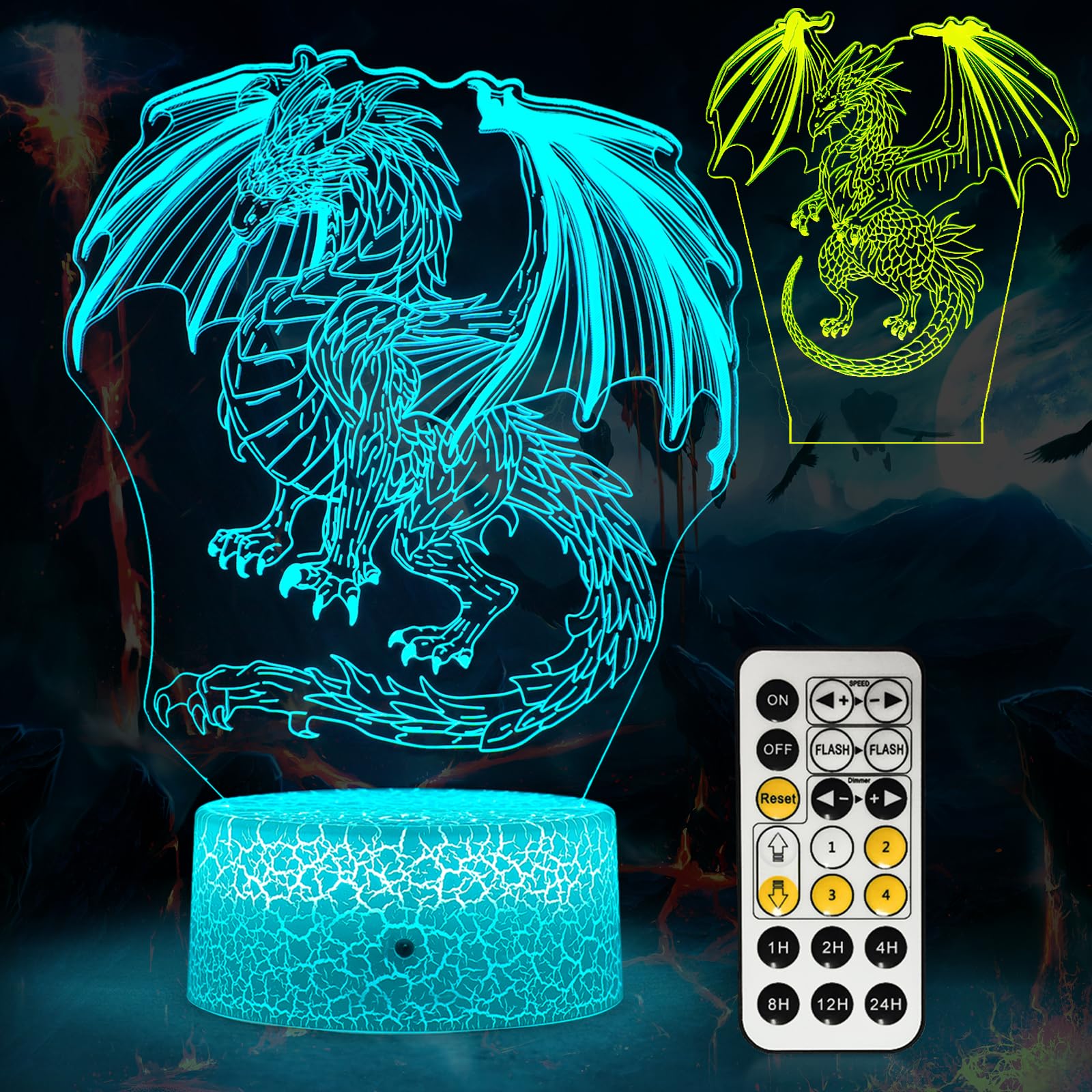 3D Dragon Night Light Dragon Illusion Decor Lamp (2 Patterns), 7 Color ...