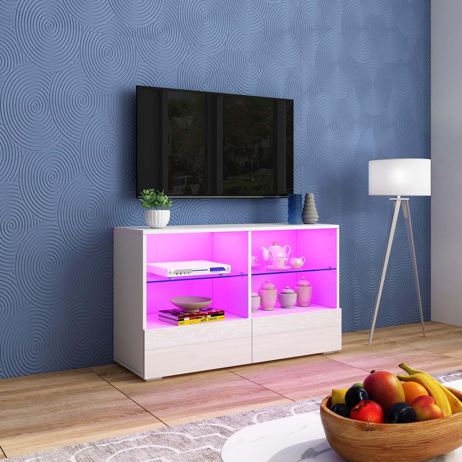White TV Unit Led Light Modern High Gloss Front TV Stand Unit 100CM ...