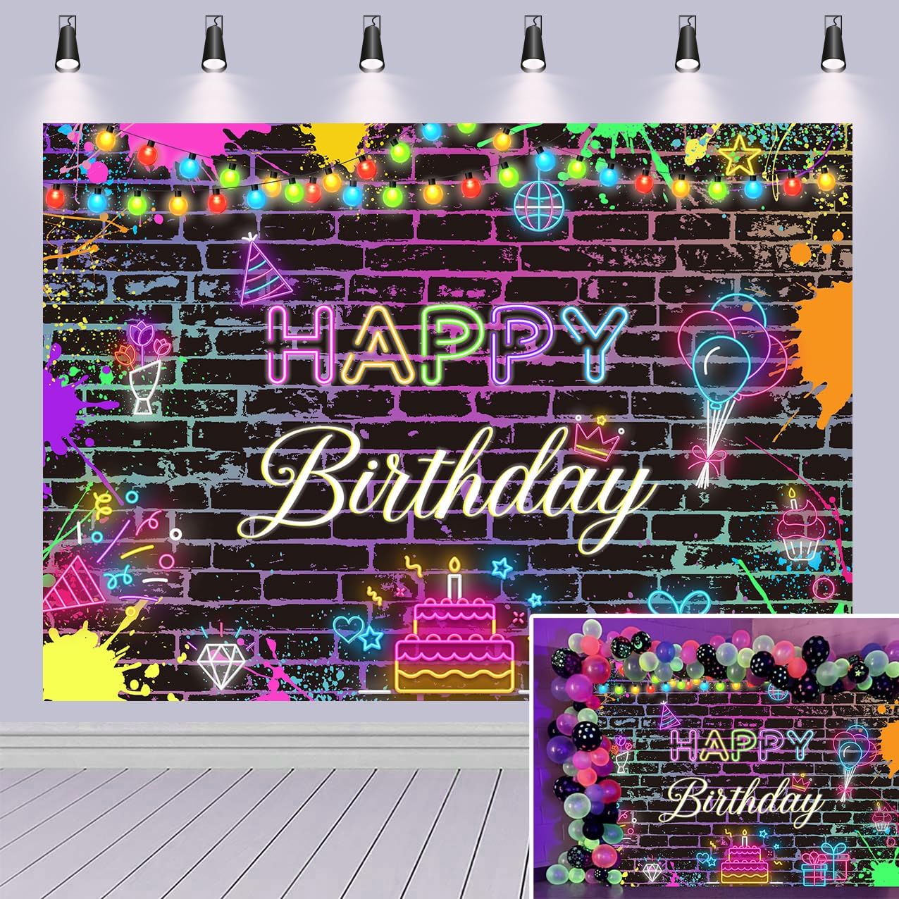 Amazon.com : Neon Glow Birthday Backdrop Glow in The Dark Colorful ...