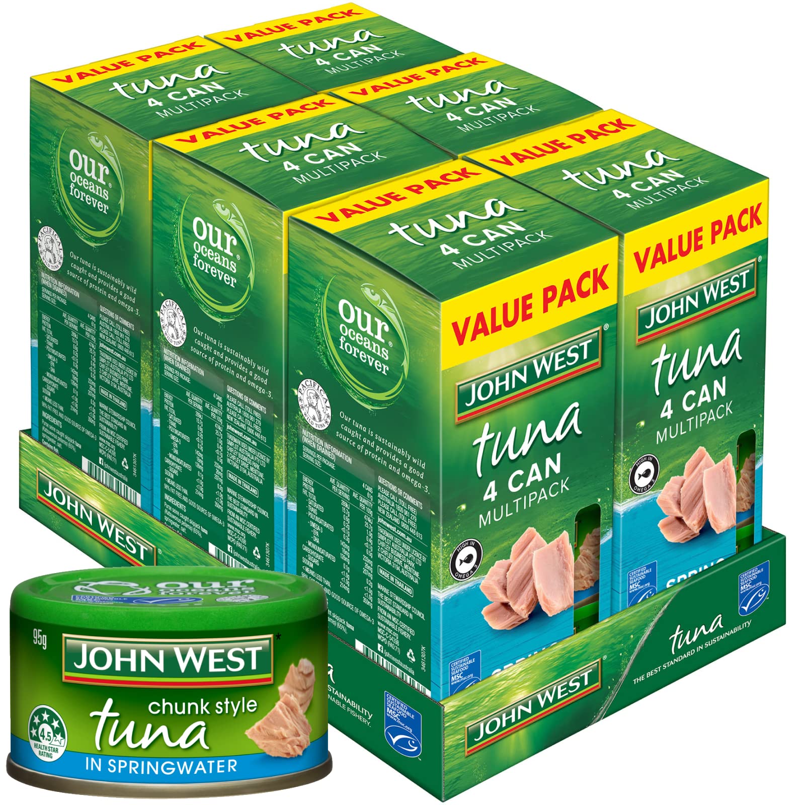 John West Canned Tuna in Springwater, Multicolour, 95 g, 4 Count, Pack ...