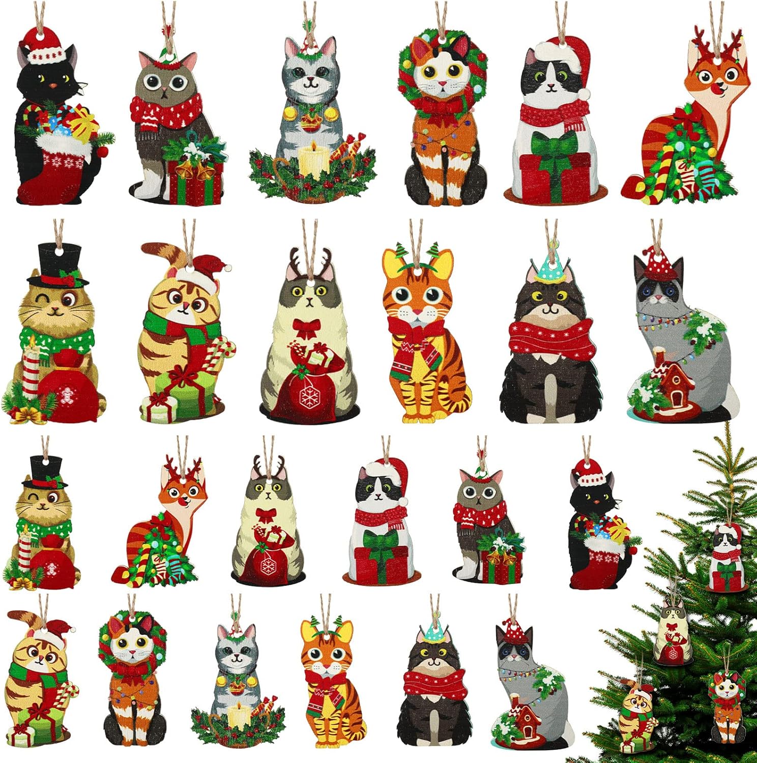 Amazon.com: 36 Pcs Christmas Cat Ornament Set Wooden Cat Christmas ...
