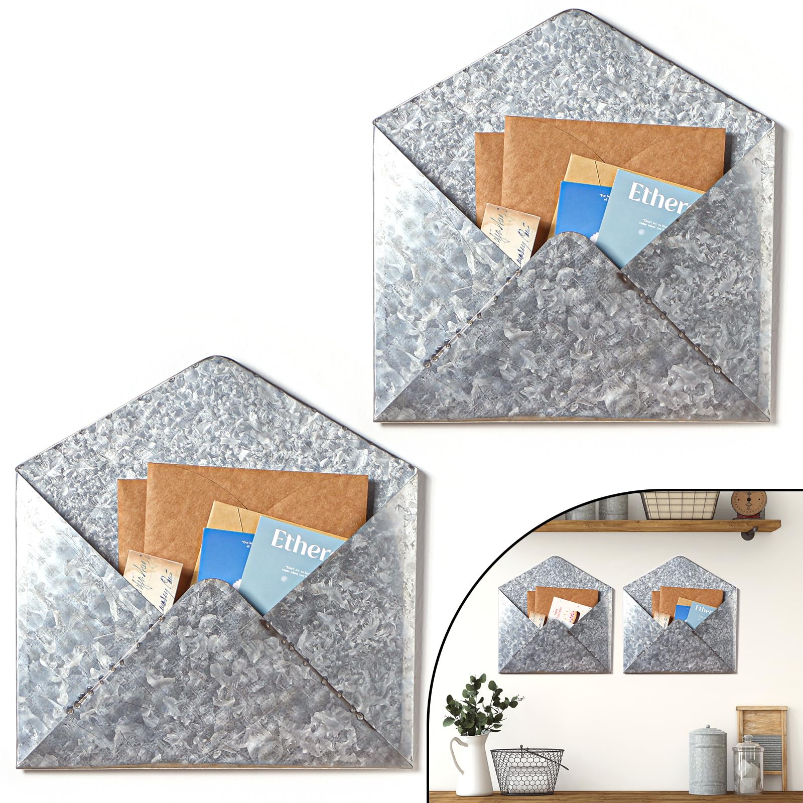 Snapklik.com : 2 Pcs Galvanized Metal Envelope, Wall Mail Organizer ...