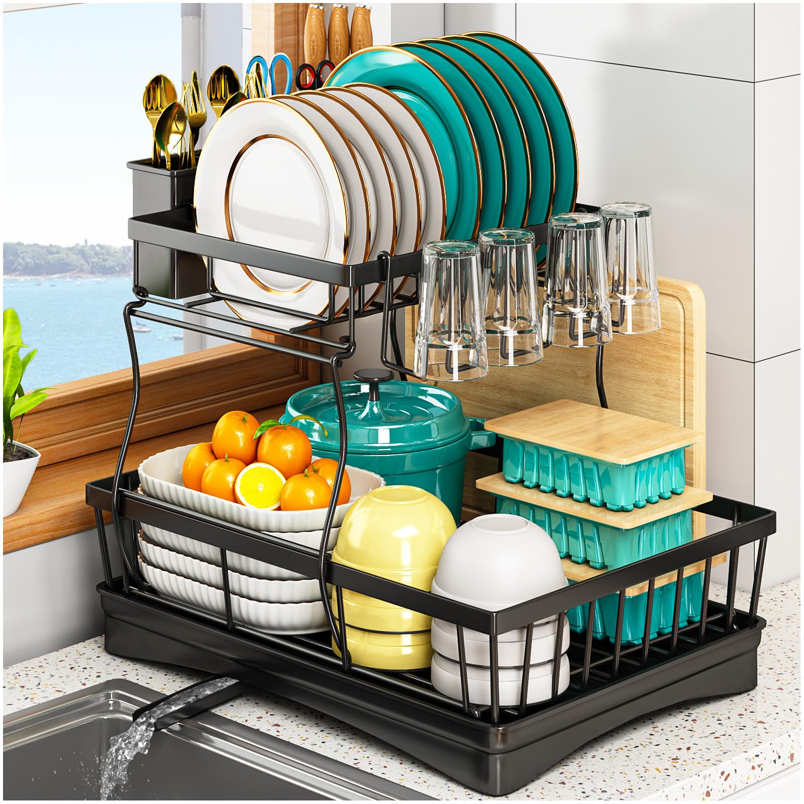 StowBin 2 Tier Dish Drainer Rack - Dish Rack with Utensil Holder for ...