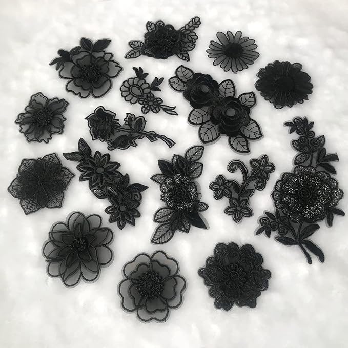 Amazon.com: Mililanyo 16Pcs Organza Flower Lace Embroidered Patches Black 3D Floral Repair ...