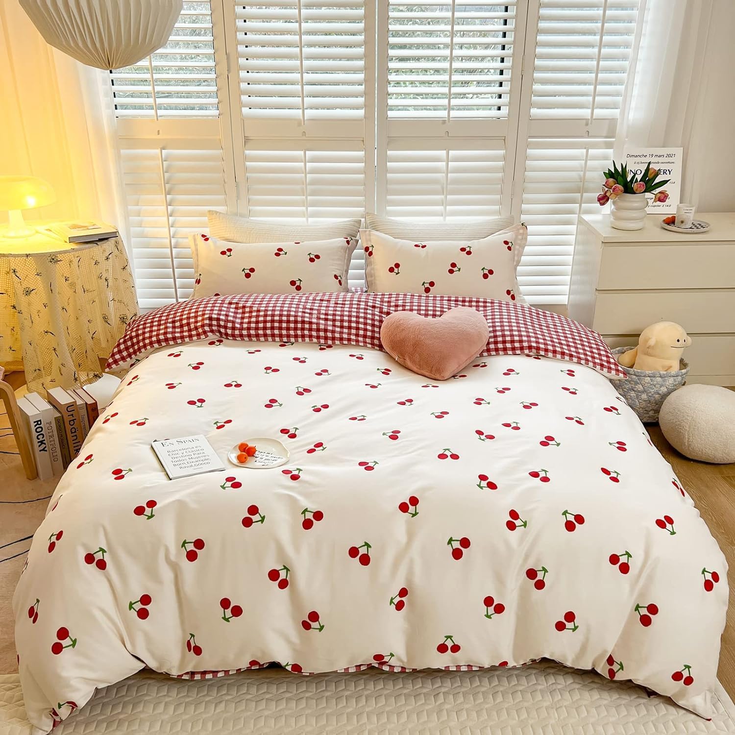 Lanqinglv Double Duvet Cover Set White Red Cherry for Kids Girls ...
