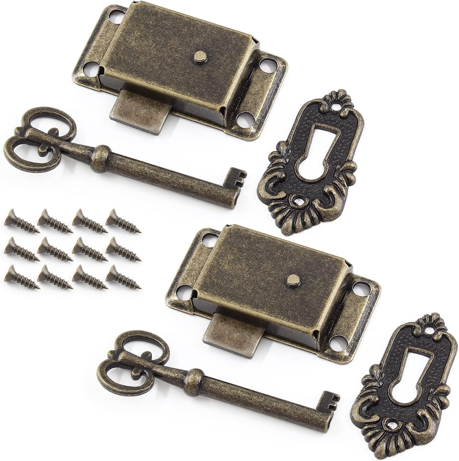 Kyuionty 2 Sets Skeleton Key Lock Decorative Antique Brass Cabinet Lock ...