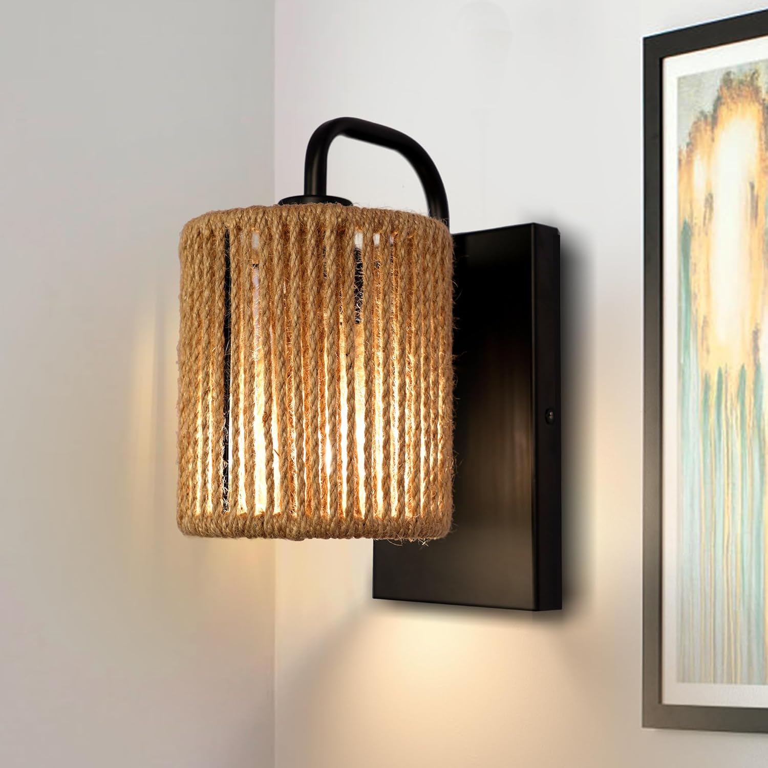 Wvsrbyr Boho Wall Sconce, Rattan Wall Light Fixtures with Hemp Rope ...