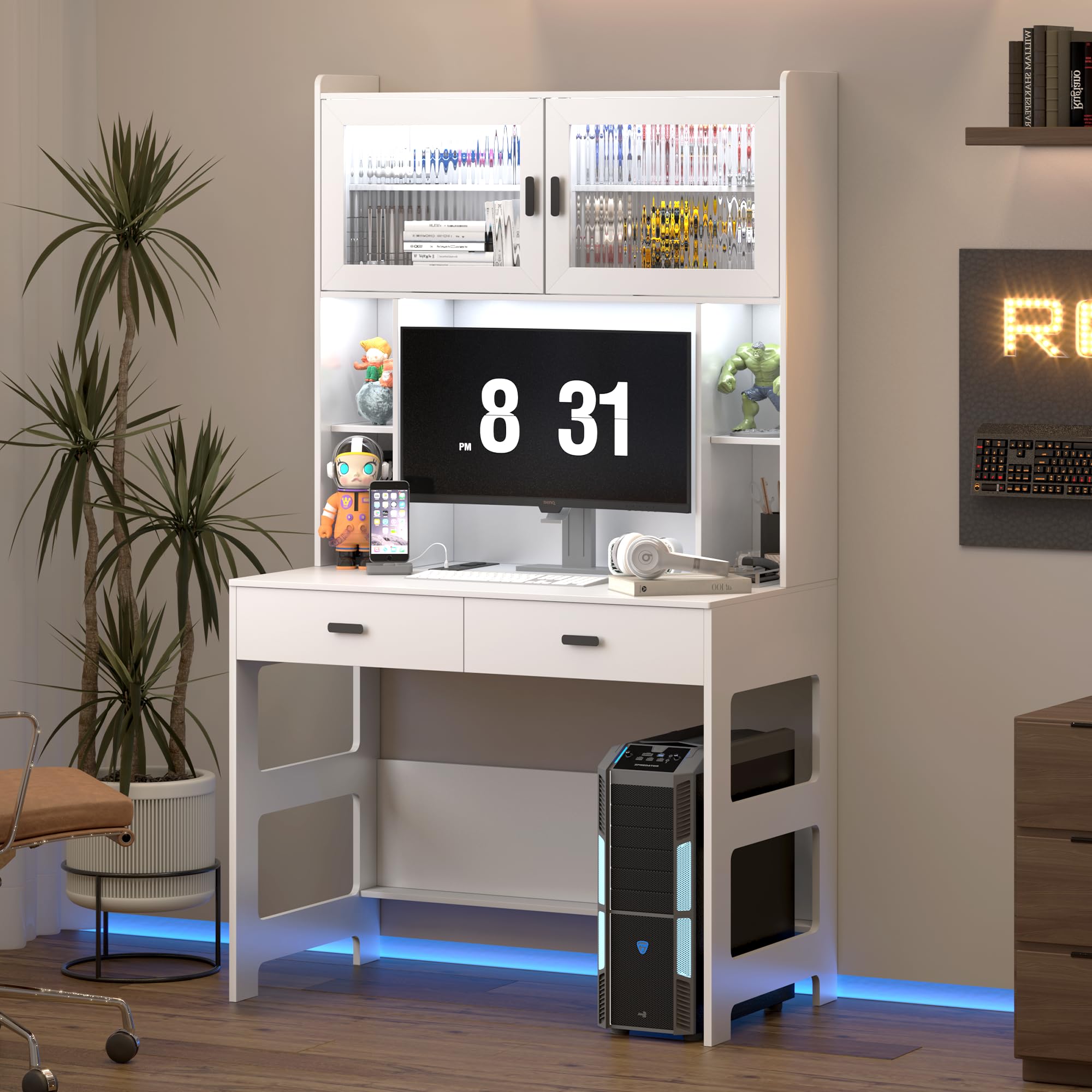 LVSOMT Home Office Desk with Hutch, Modern Computer Gaming Desk with ...