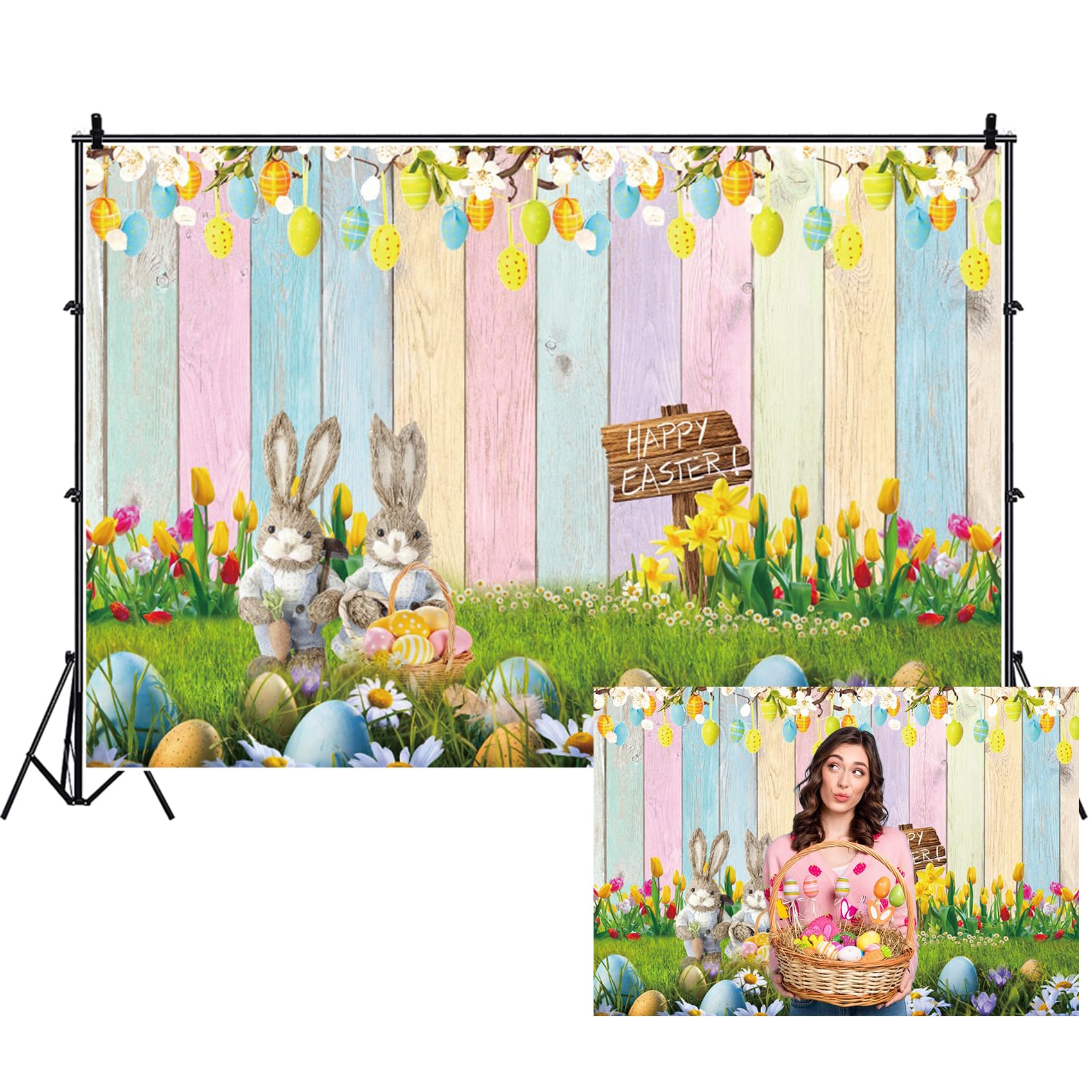 Amazon.com : AOFOTO 7x5ft Colorful Wood Easter Backdrop Color Eggs ...