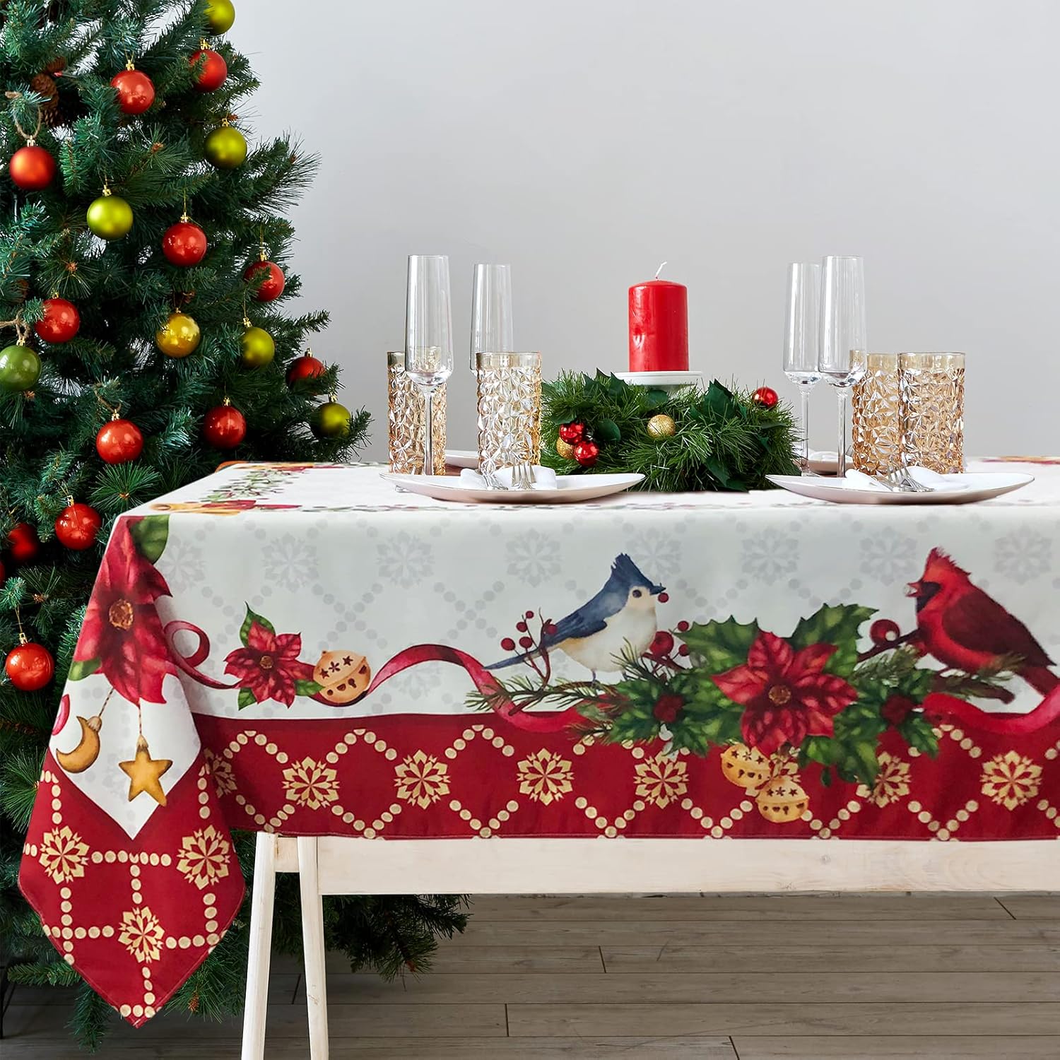 Amazon.com: Baccessor Christmas Cardinal Floral Table Cloth Winter ...