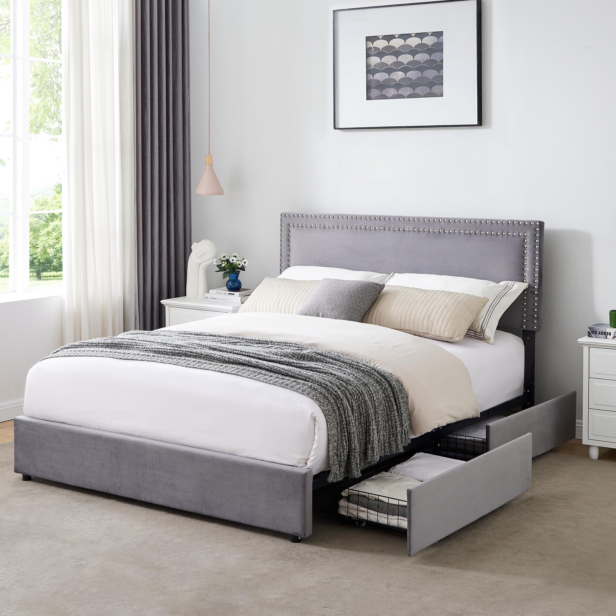 VECELO Full Size Upholstered Platform Bed Frame with 4 Storage Drawers ...