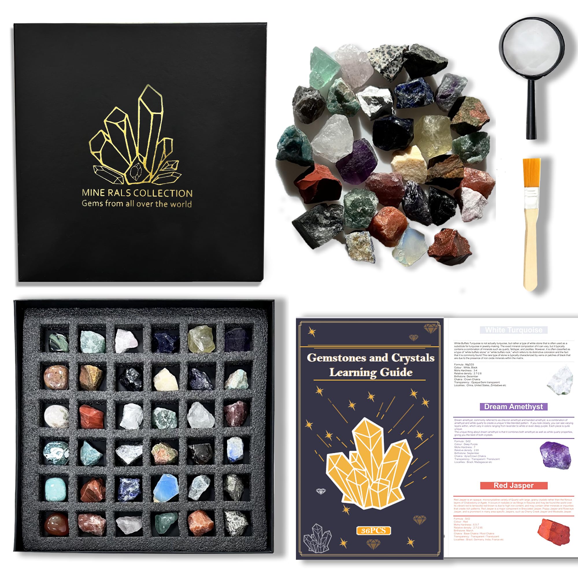 Rock Collection for Kids,36 Pcs Rocks, Gemstones and Crystals Kit with ...