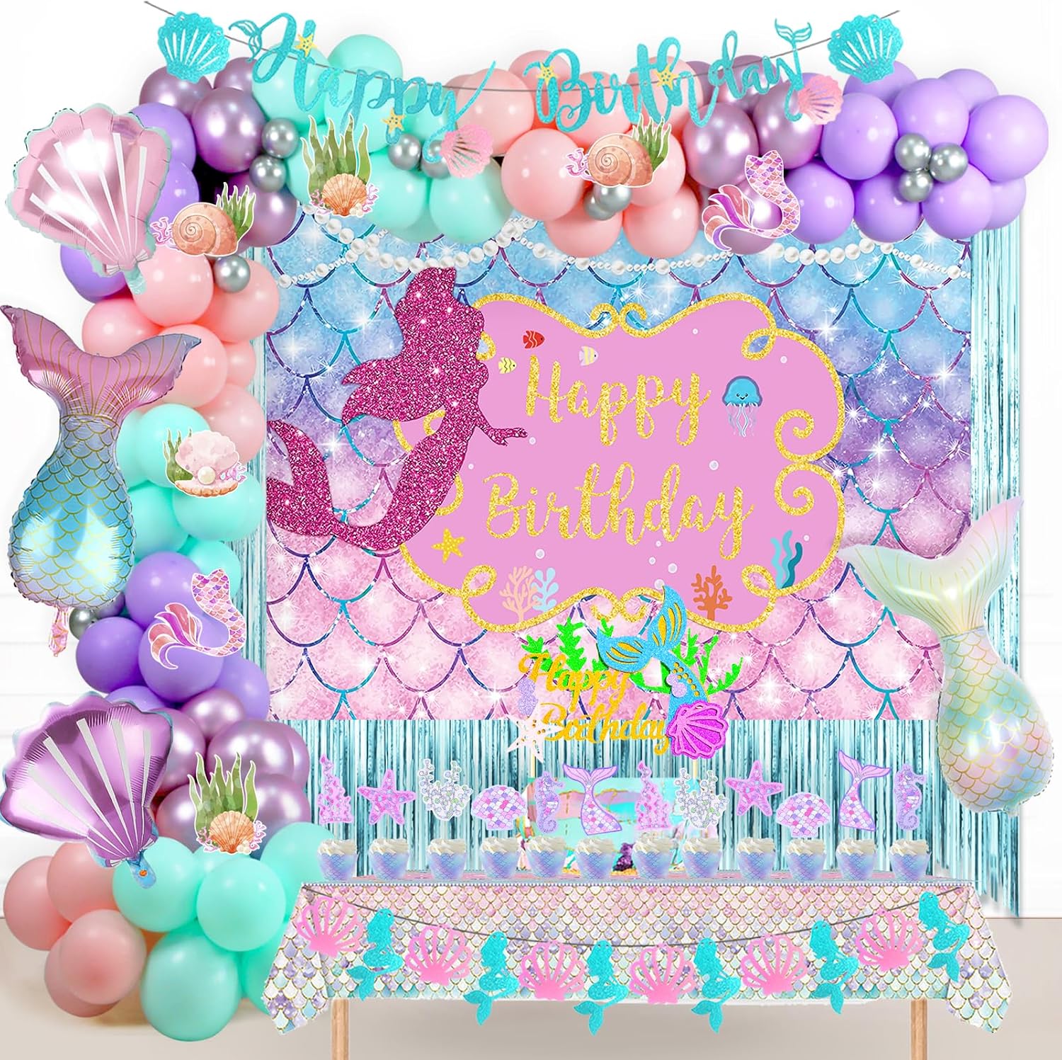 Amazon.com: Party Inspo Mermaid Birthday Decorations - Backdrop Fringe ...