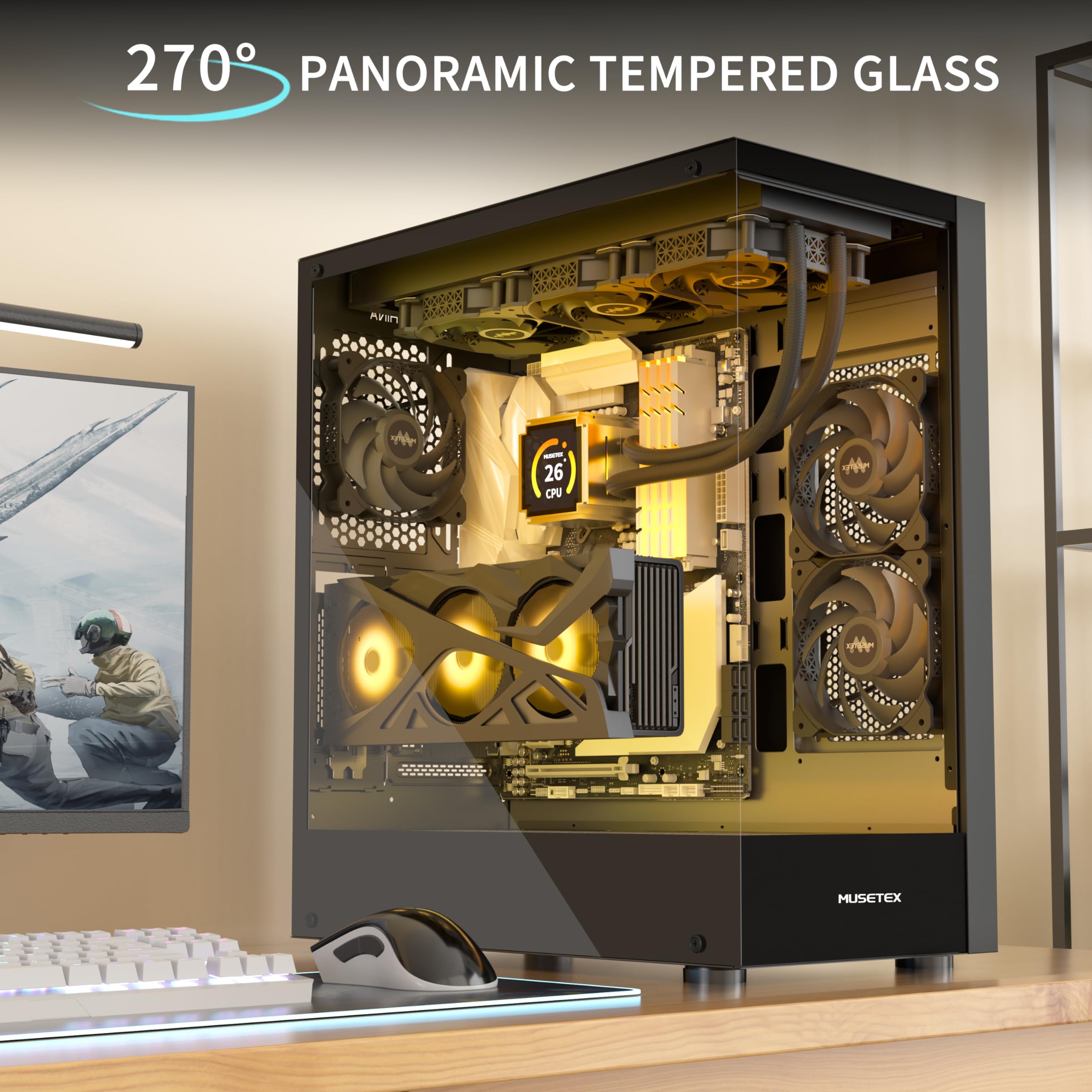Snapklik.com : MUSETEX ATX PC CASE, 360MM RAD Support, Full-View Dual ...