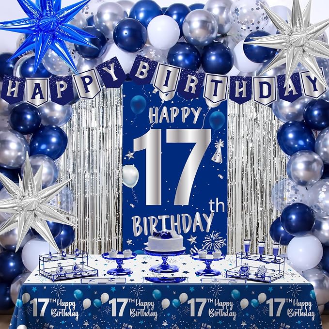 Amazon.com: Blue 17th Birthday Decorations for Boys Girls, Happy 17th ...
