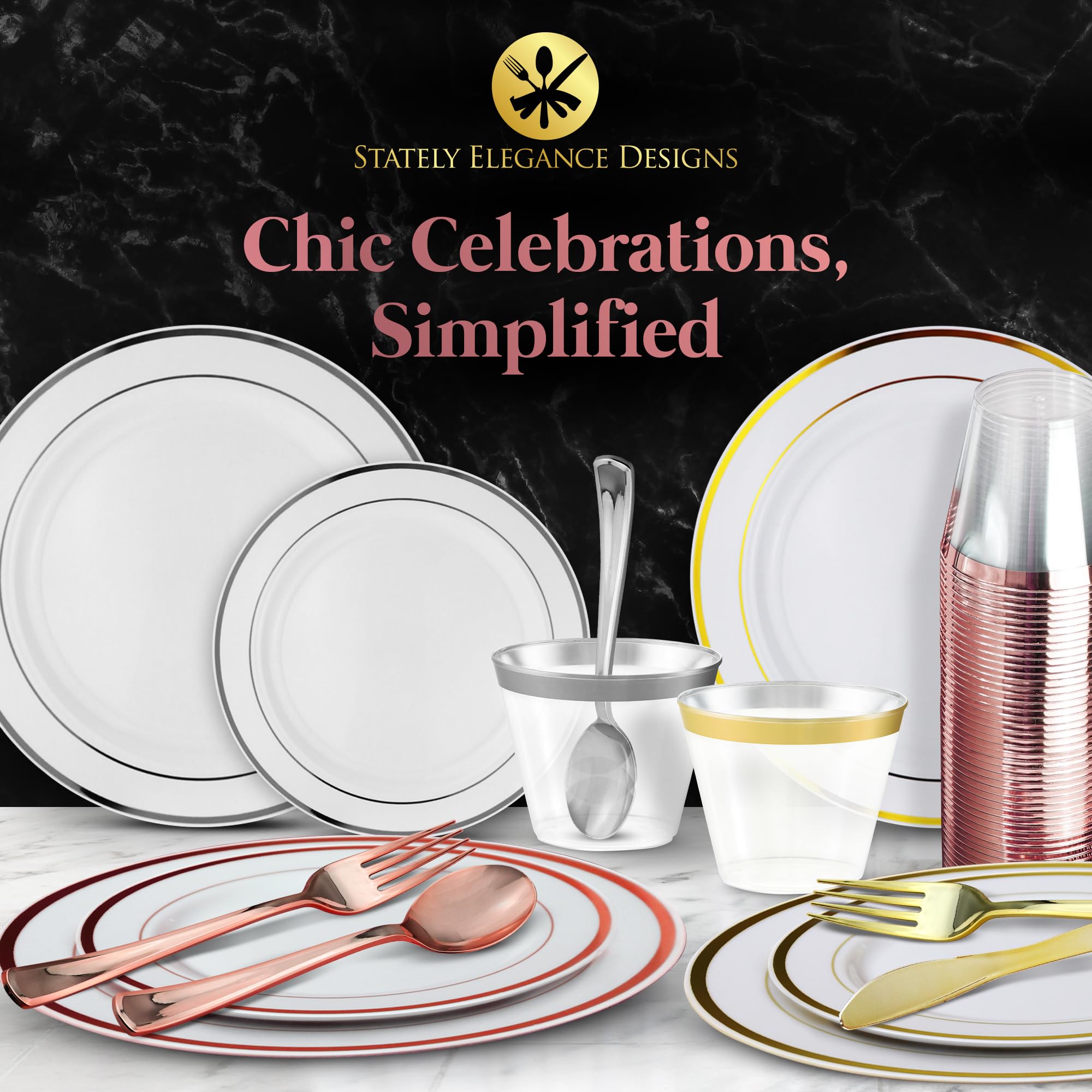 300 Piece Rose Gold Dinnerware Set - 100 White and Rose Gold Plates ...