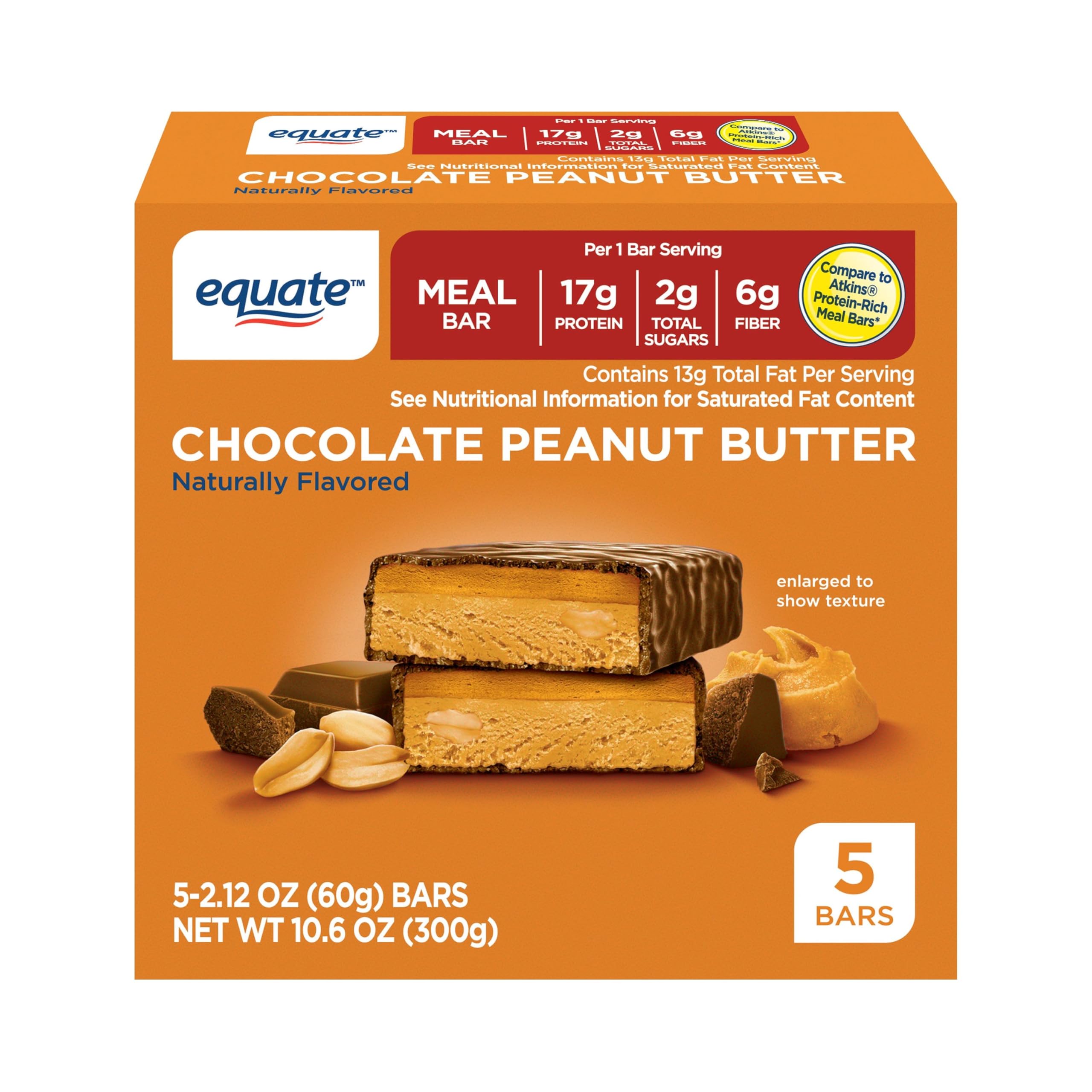 Amazon.com : Equate Chocolate Peanut Butter Meal Bar, 5 Ct and card ...