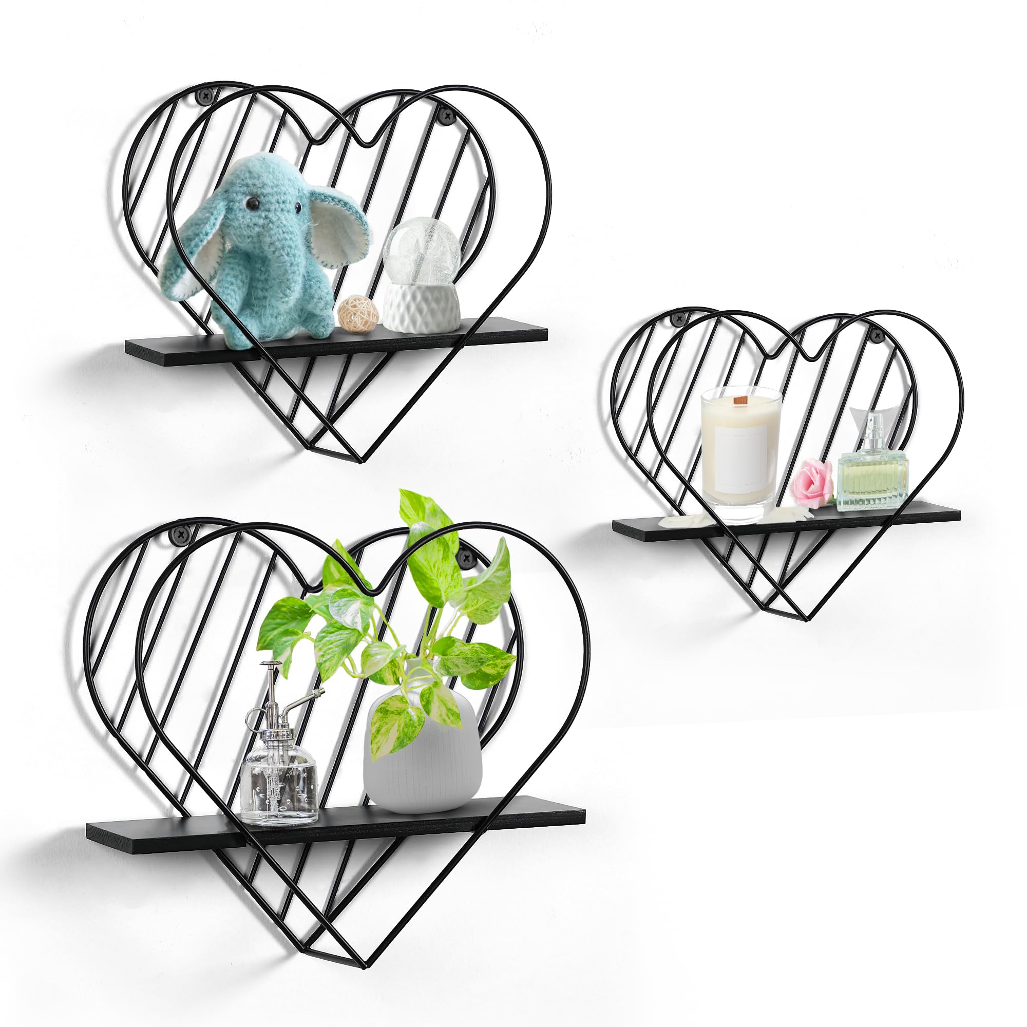 Enhon Heart Floating Shelves, Black Heart Shaped Hanging Shelves Set of ...