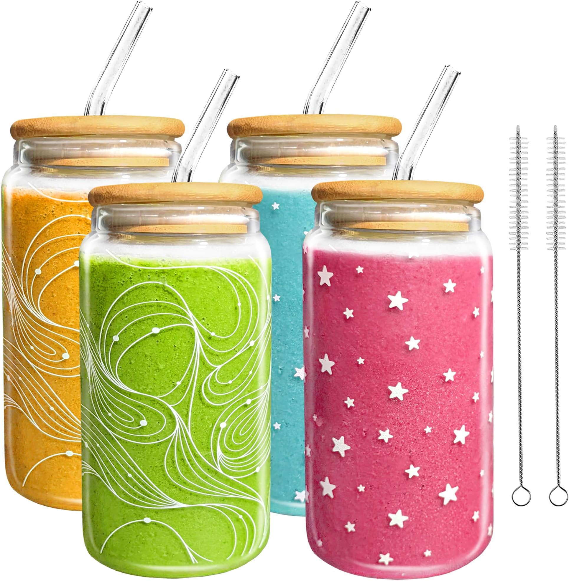 Amazon.com: Luxstella 16oz Glass Cups with Lids and Straws, 4 Pcs Can ...