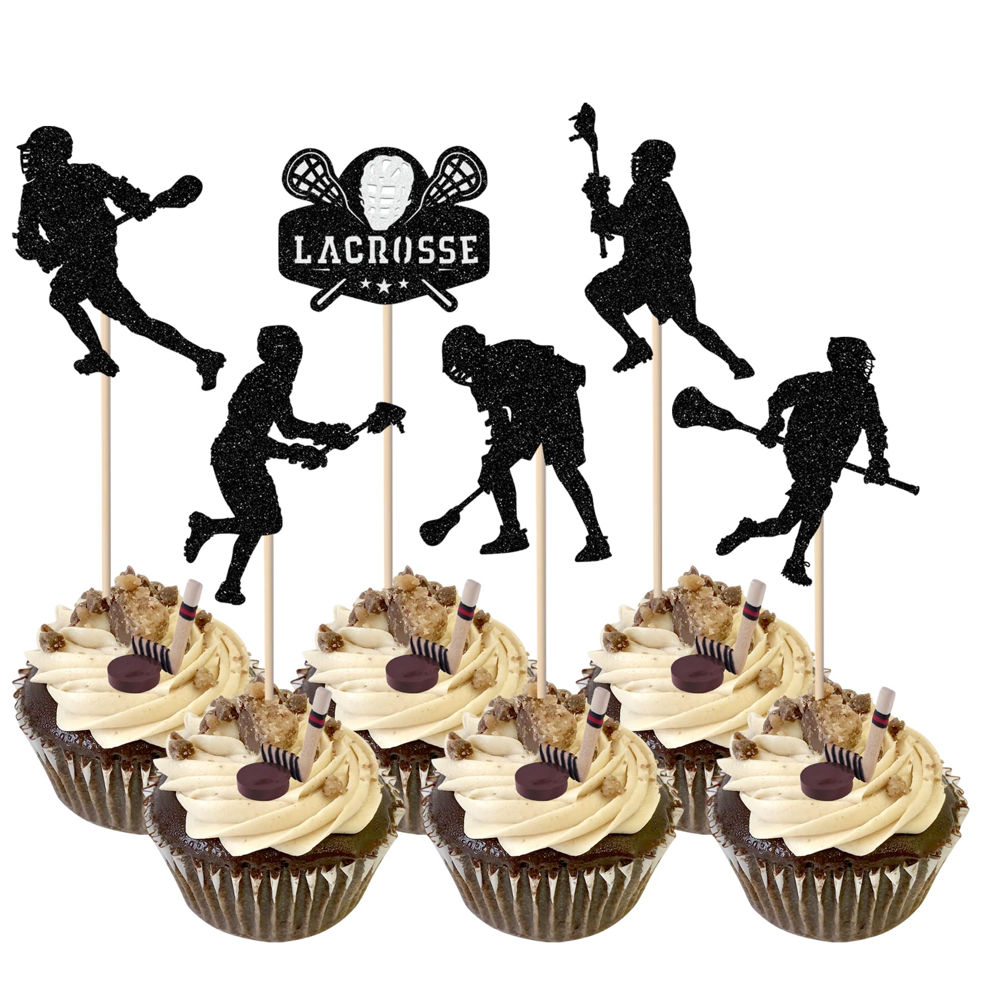 Amazon.com: Rsstarxi 24 Pack Black Glitter Lacrosse Cupcake Toppers ...