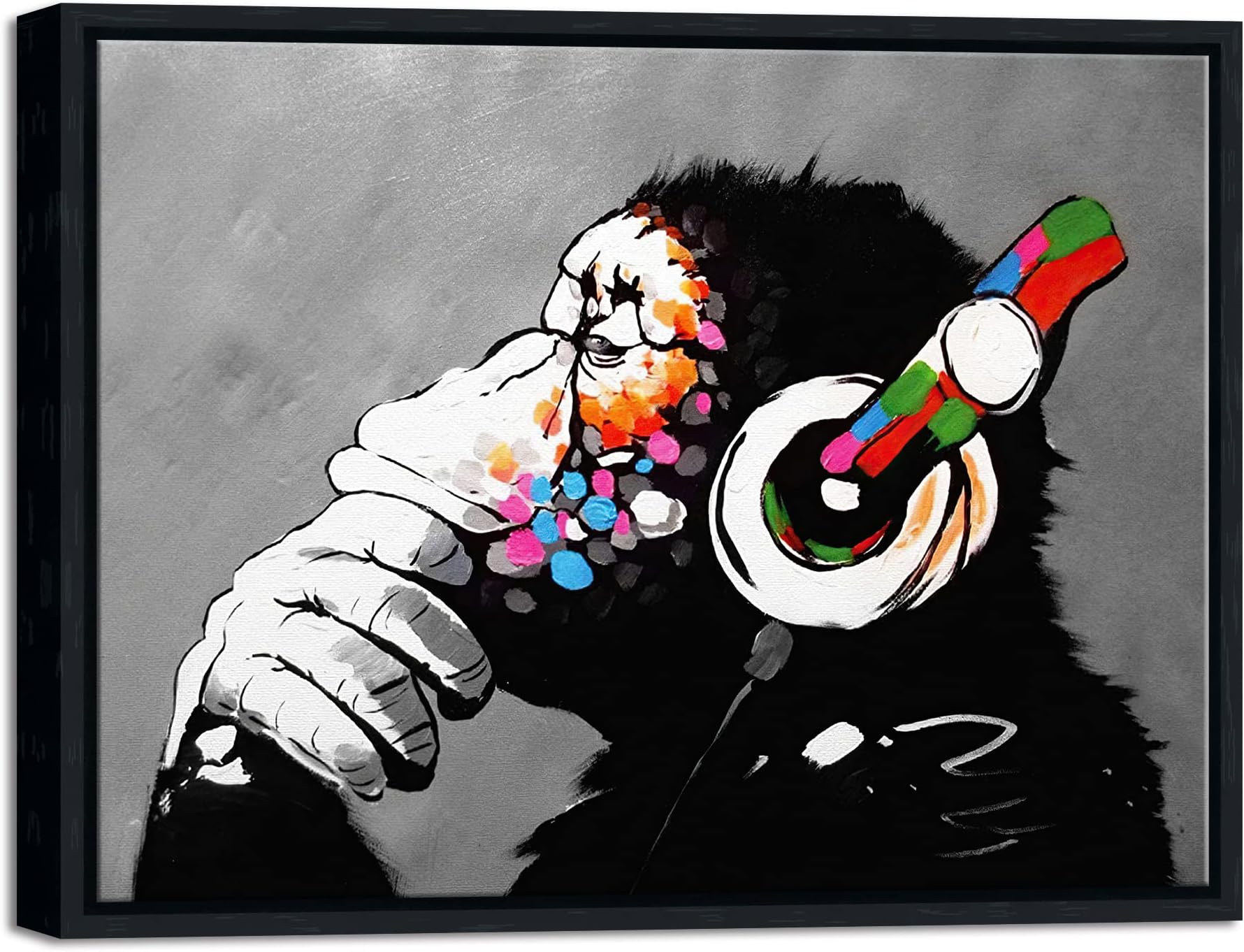 Wieco Art Black Framed Monkey With Headphones Banksy Graffiti Art ...