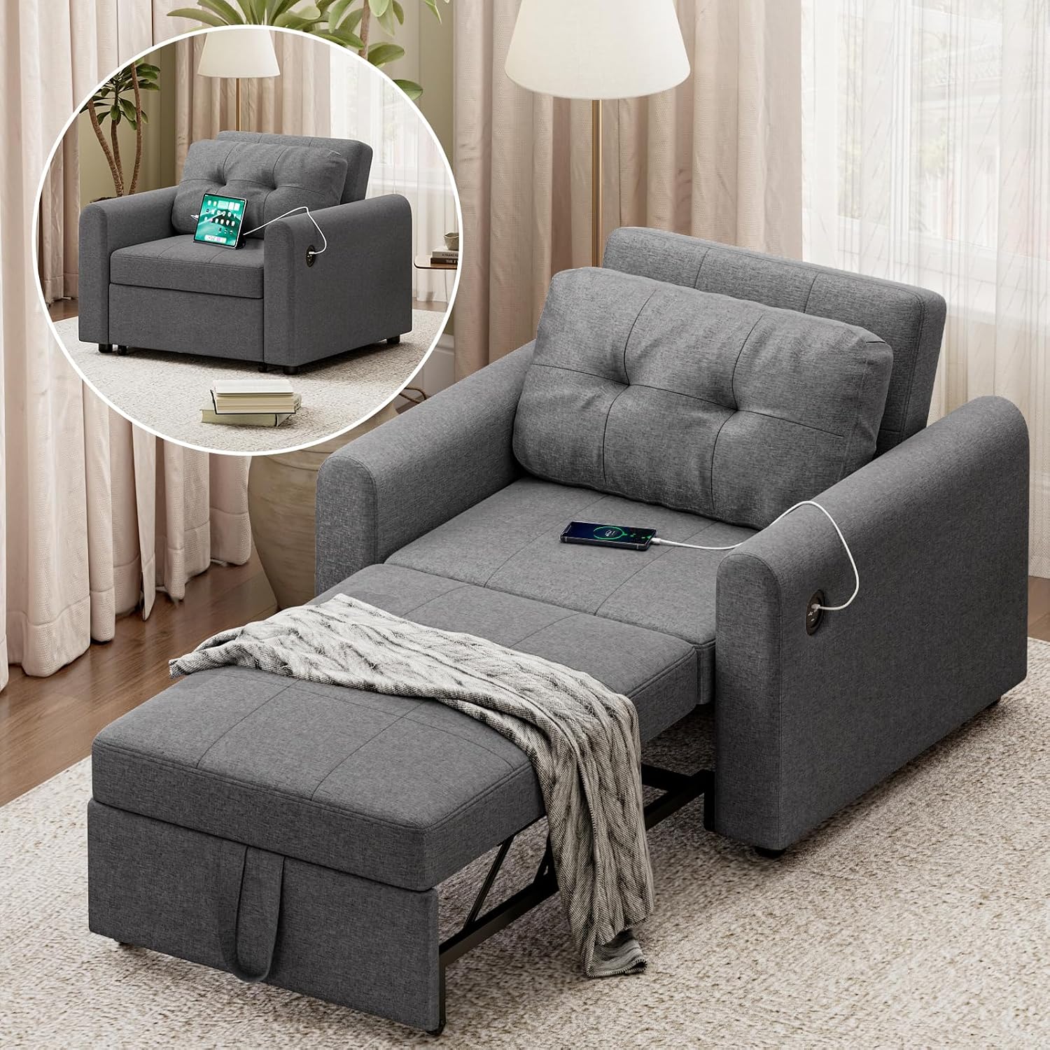 Hello-5ive Sofa Bed, 3 in 1 Convertible Single Sofa Bed with USB & Type ...