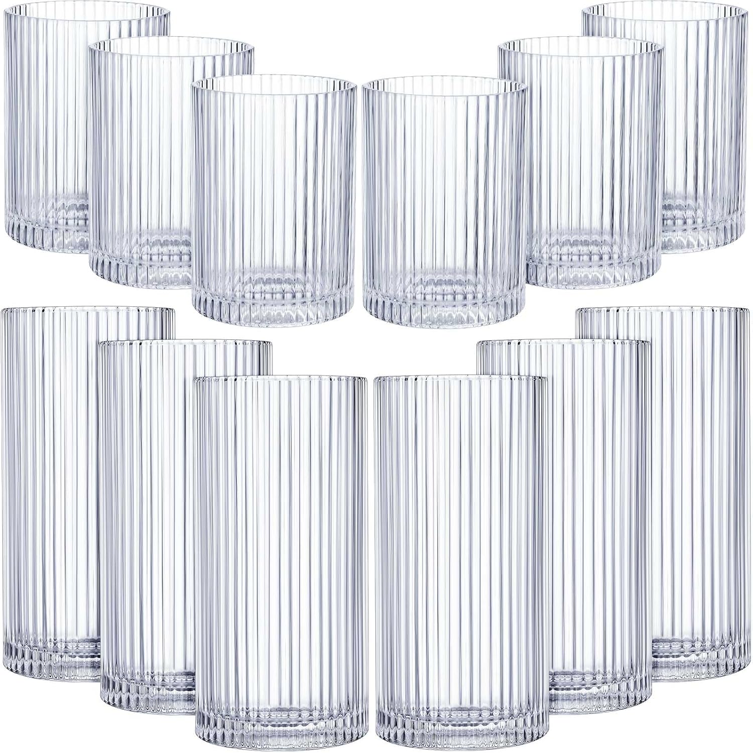 Amazon.com | Zhehao 12 Pcs Ribbed Drinking Glasses Set 9 oz 12 oz Glass ...