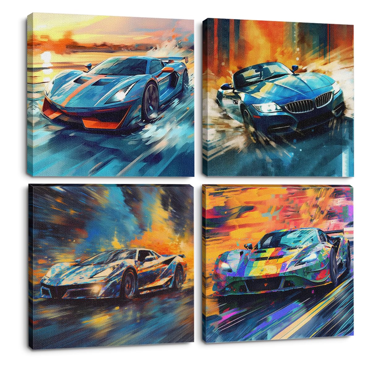 Amazon.com: 4 Pcs Car Wall Art Framed Art Race Car Wall Decor Car Gifts ...