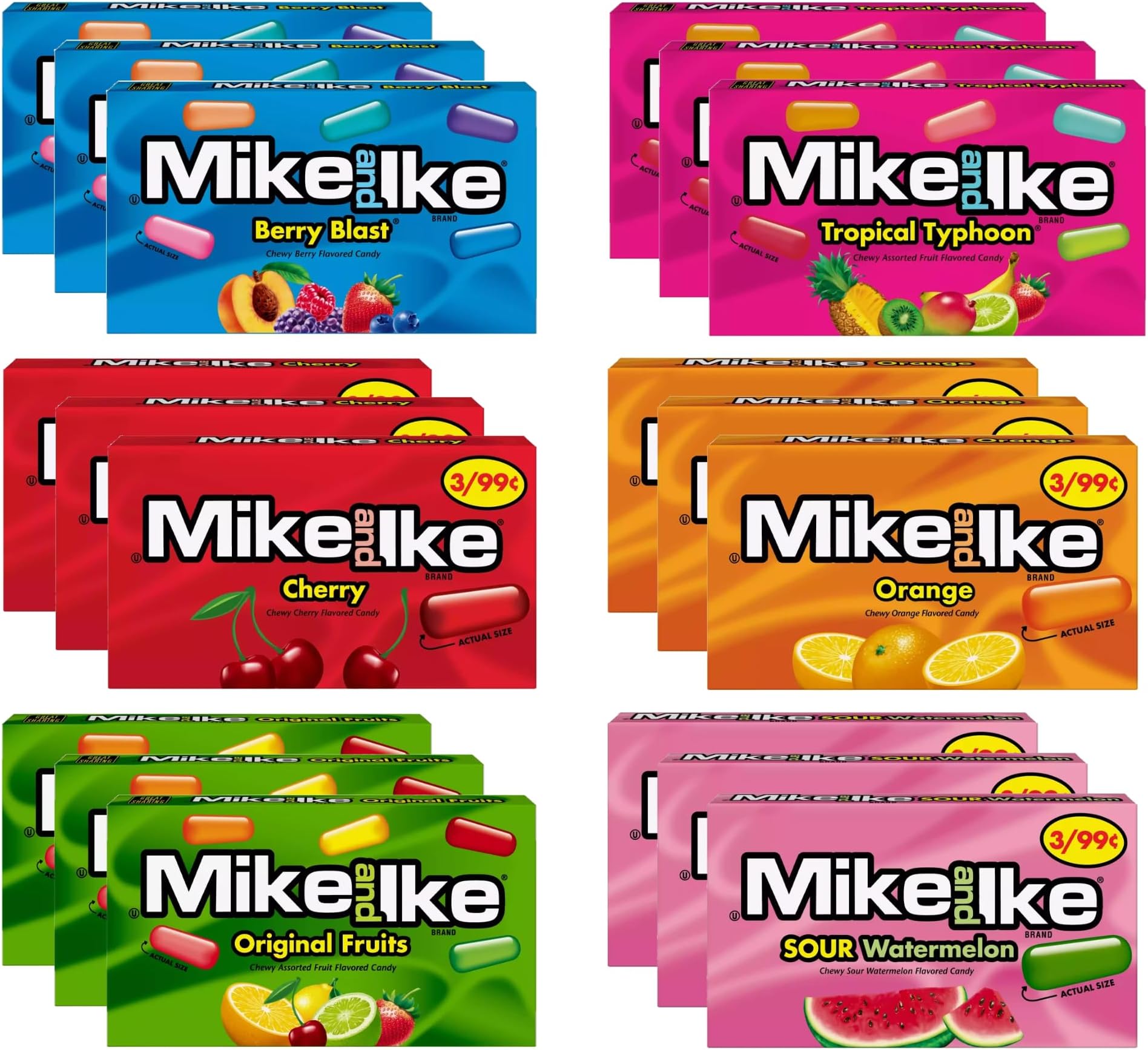 Amazon.com : Mike Ike Chewy Candy Variety Pack, Assorted Flavors Mini Box 0.78 Ounce (Pack of 18 ...