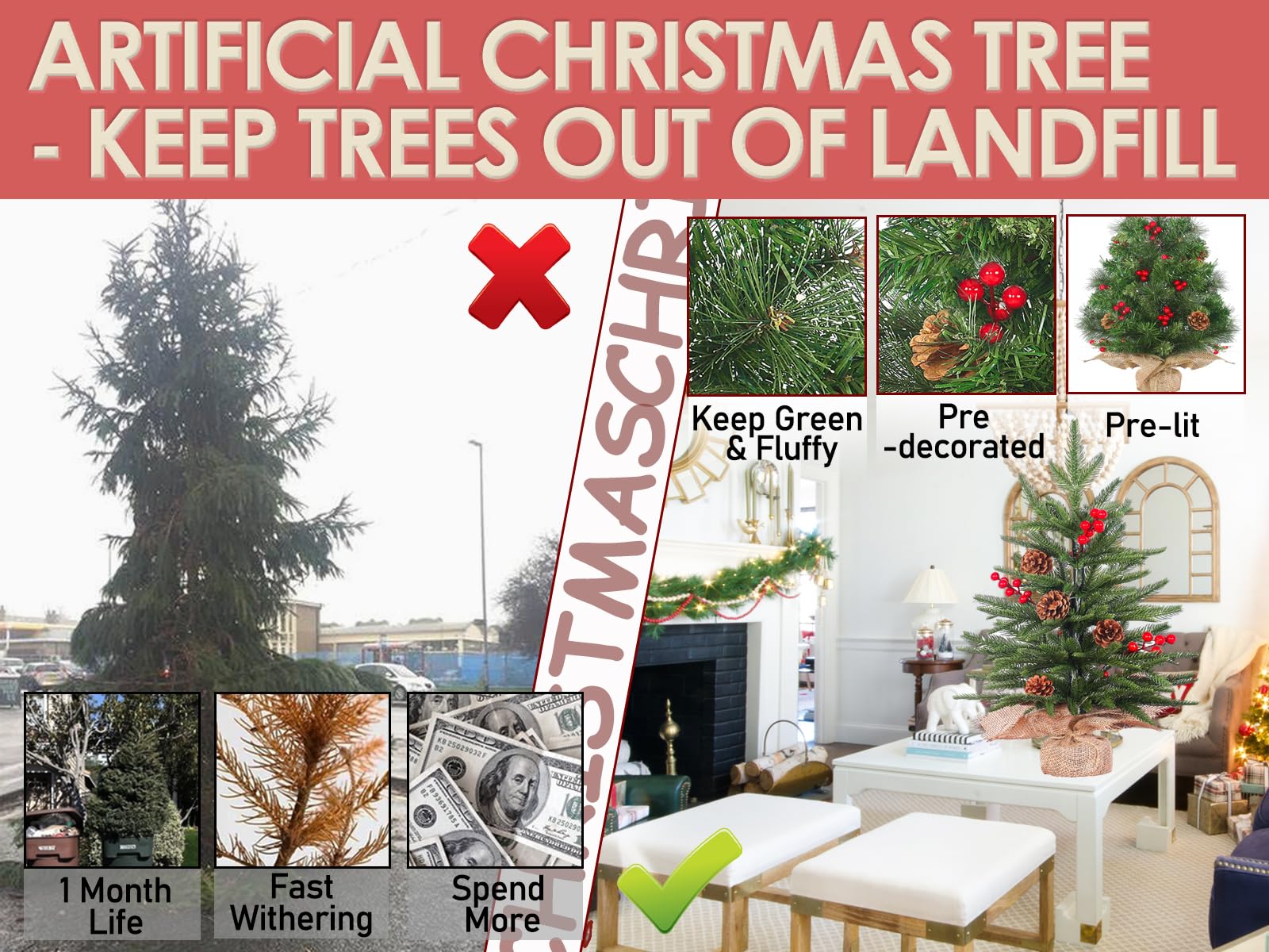 Mini Christmas Tree, Small Tabletop Artificial Xmas Tree 2 FT with 50 ...