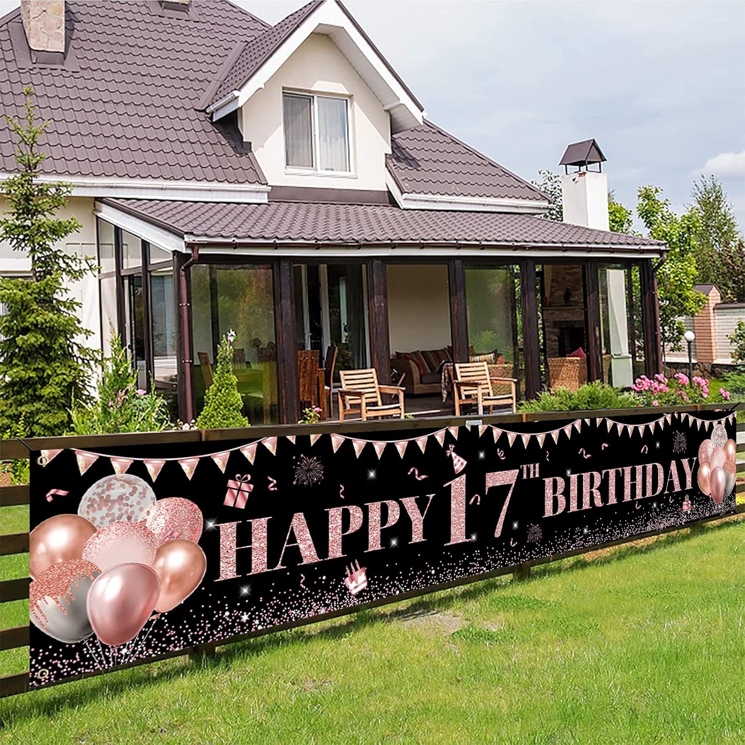 Amazon.com: Large Happy 17th Birthday Banner Black and Rose Gold Yard ...