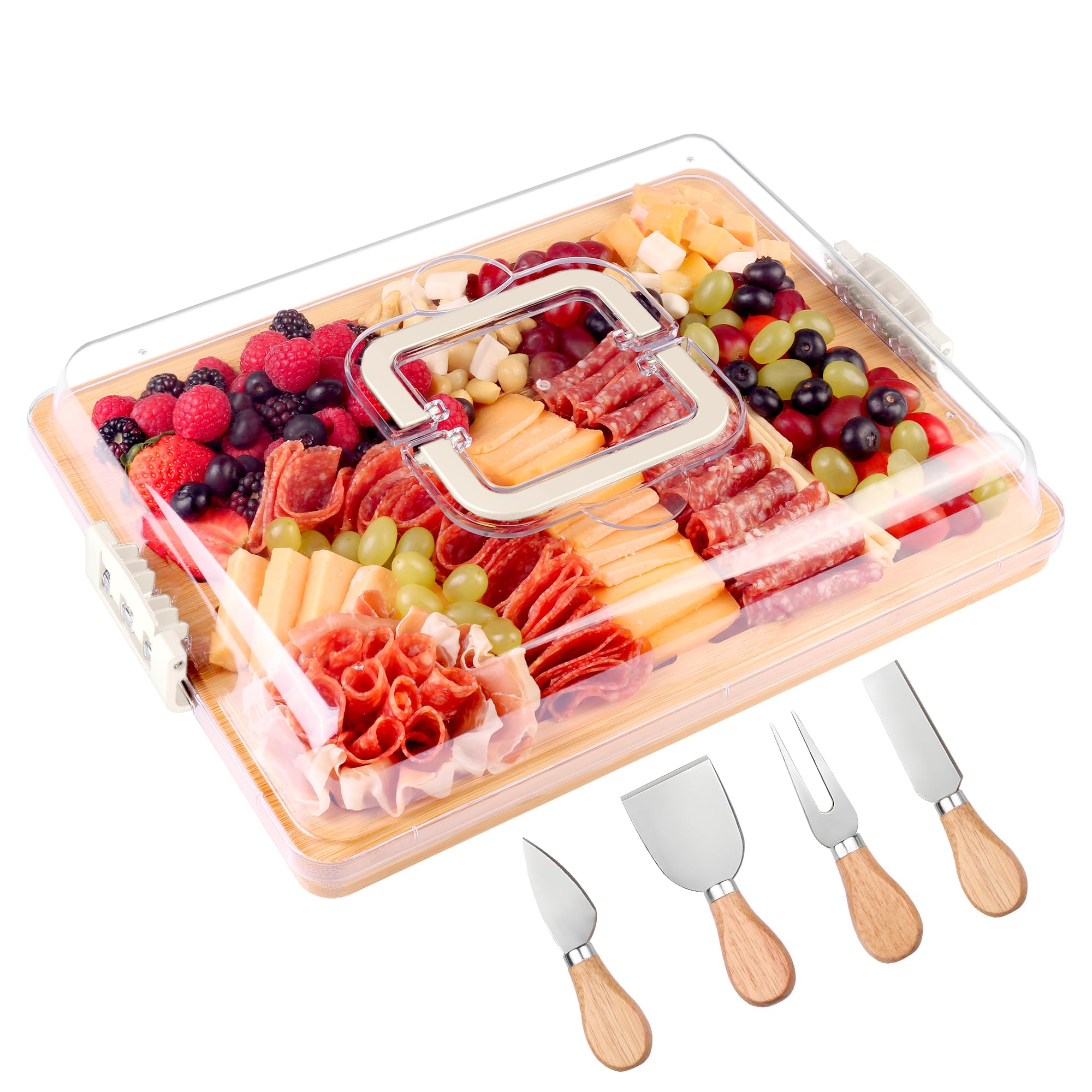 CAWIU Charcuterie Board with Lid and Handle - Portable Travel Design ...