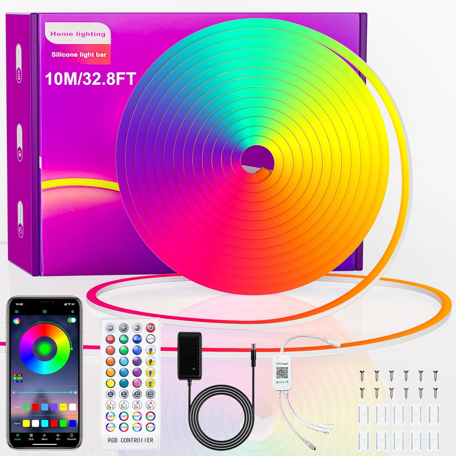 Cozylady 32.8ft/10M Bluetooth LED Neon Rope Lights with Remote APP ...