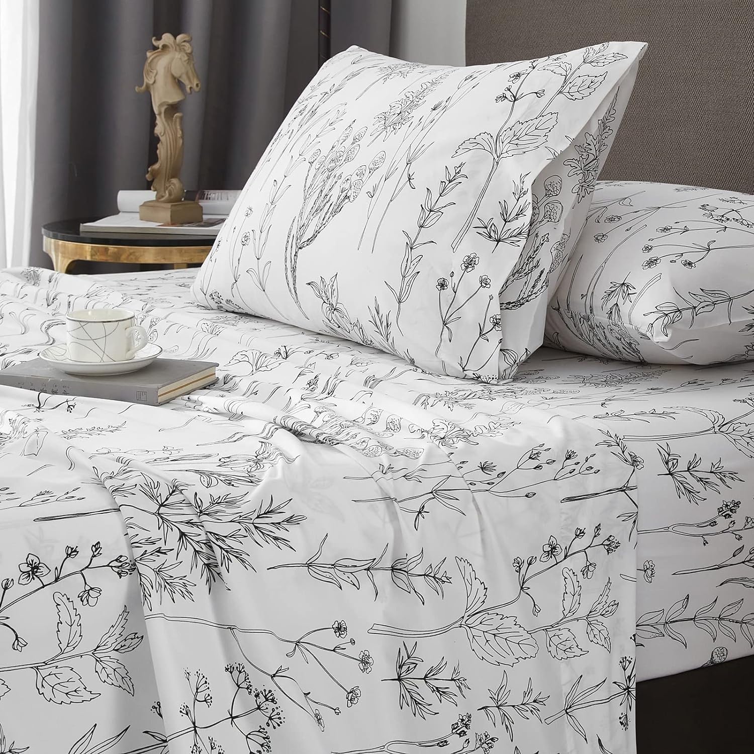 Amazon.com: Floral Sheets Set Twin Bed Sheets White Botanical Leaves ...