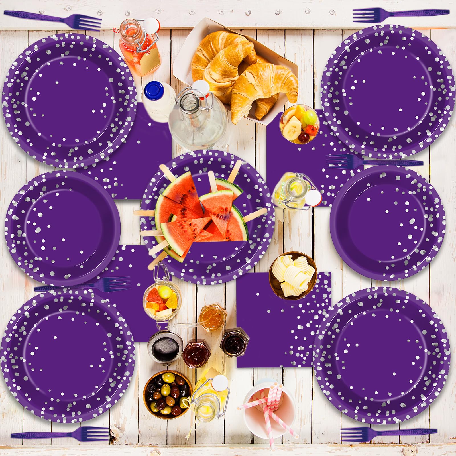 Snapklik.com : 96 Pcs Purple And Silver Party Plates And Napkins Party ...