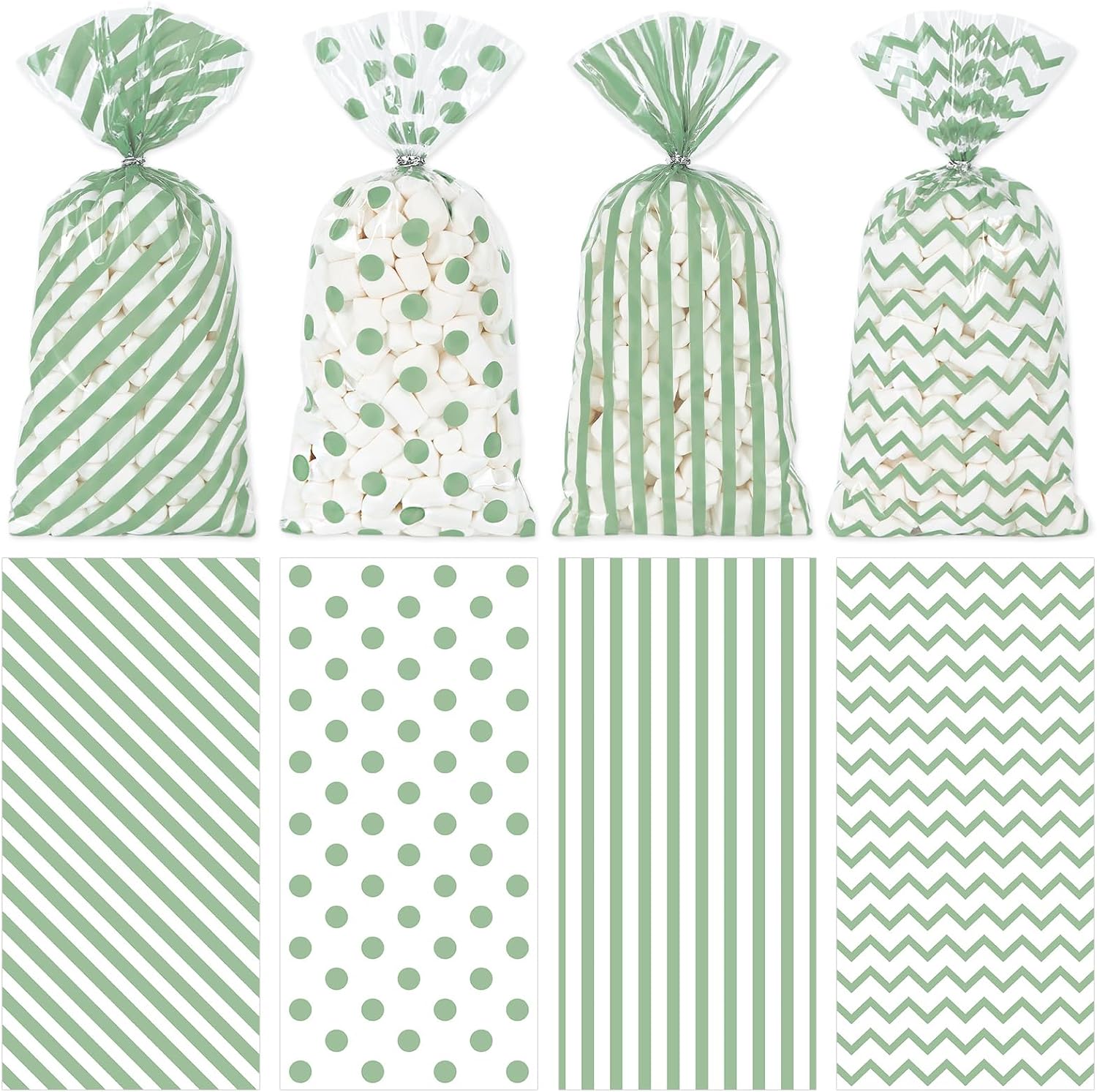 Amazon.com: Whaline 160Pcs Sage Green Cellophane Treat Bags Stripe Wave ...