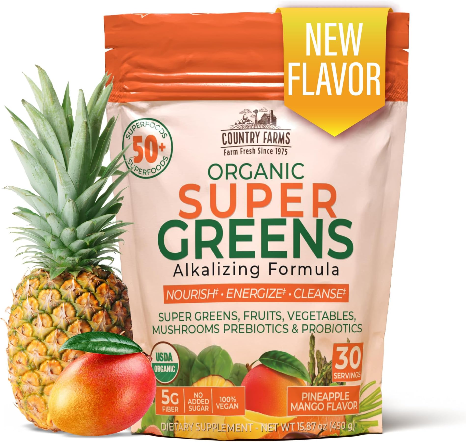 Amazon.com: COUNTRY FARMS Super Greens Pineapple-Mango Flavor, 50 ...