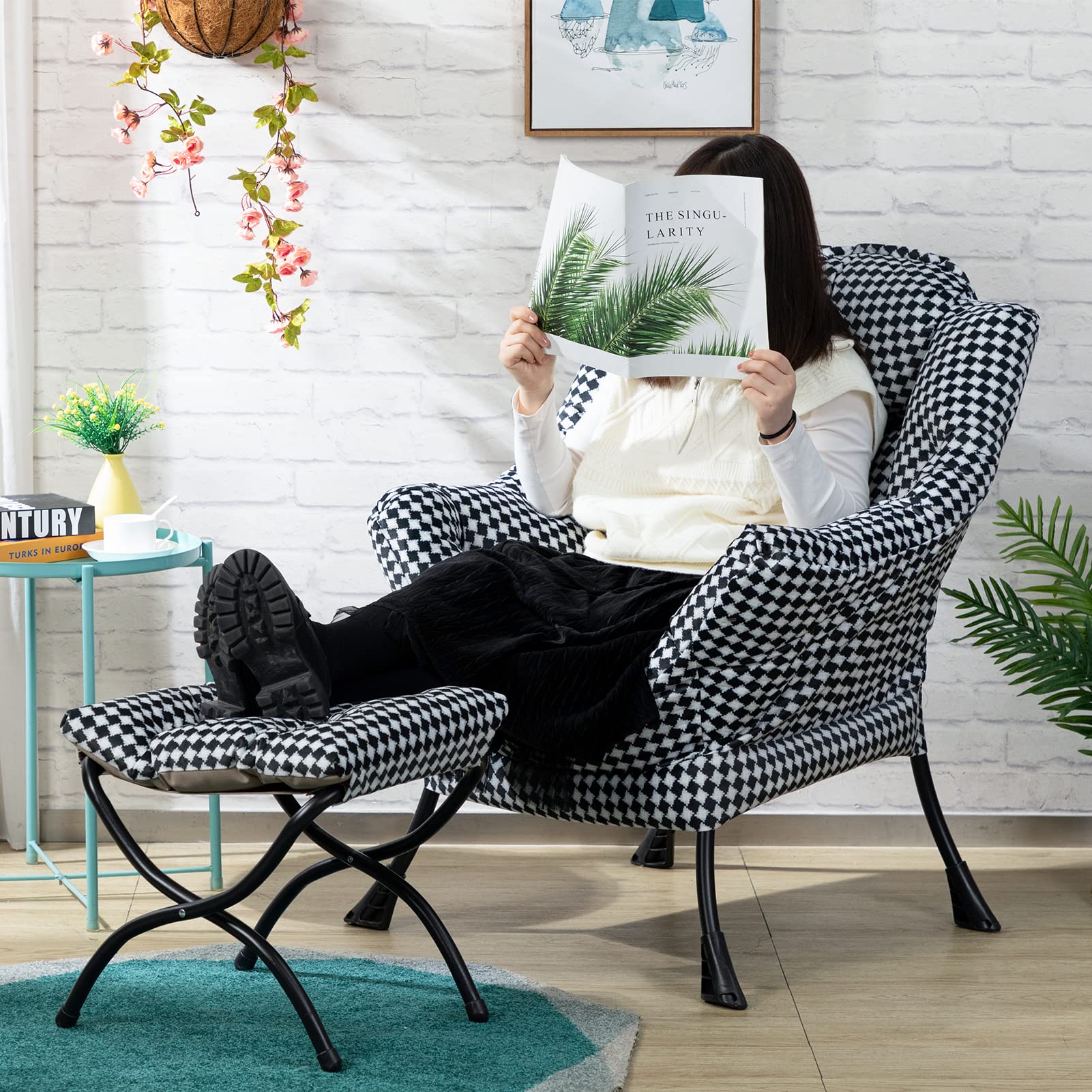 HollyHOME Modern Fabric Large Lazy Chair and Folding Footrest Stool Set ...