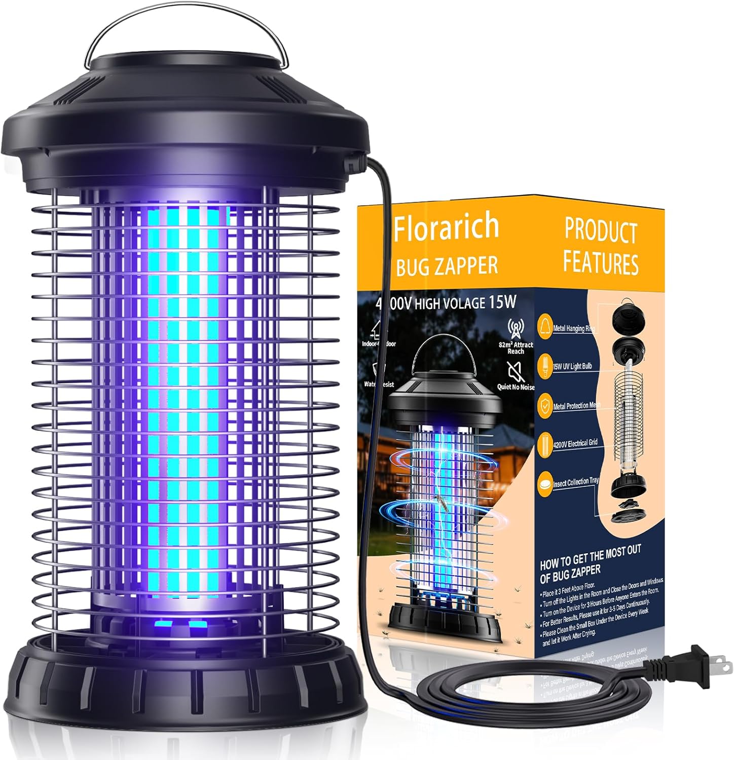 Bug Zapper, 4200V High Powered Insect Killer, 15W Waterproof Electric ...