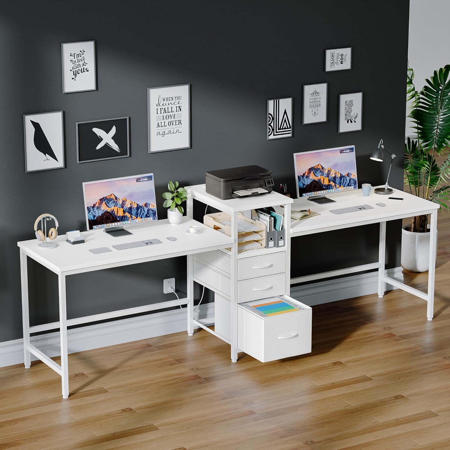 Amazon.com: GYIIYUO 94'' Two Person Desk with Charging Station, Long ...
