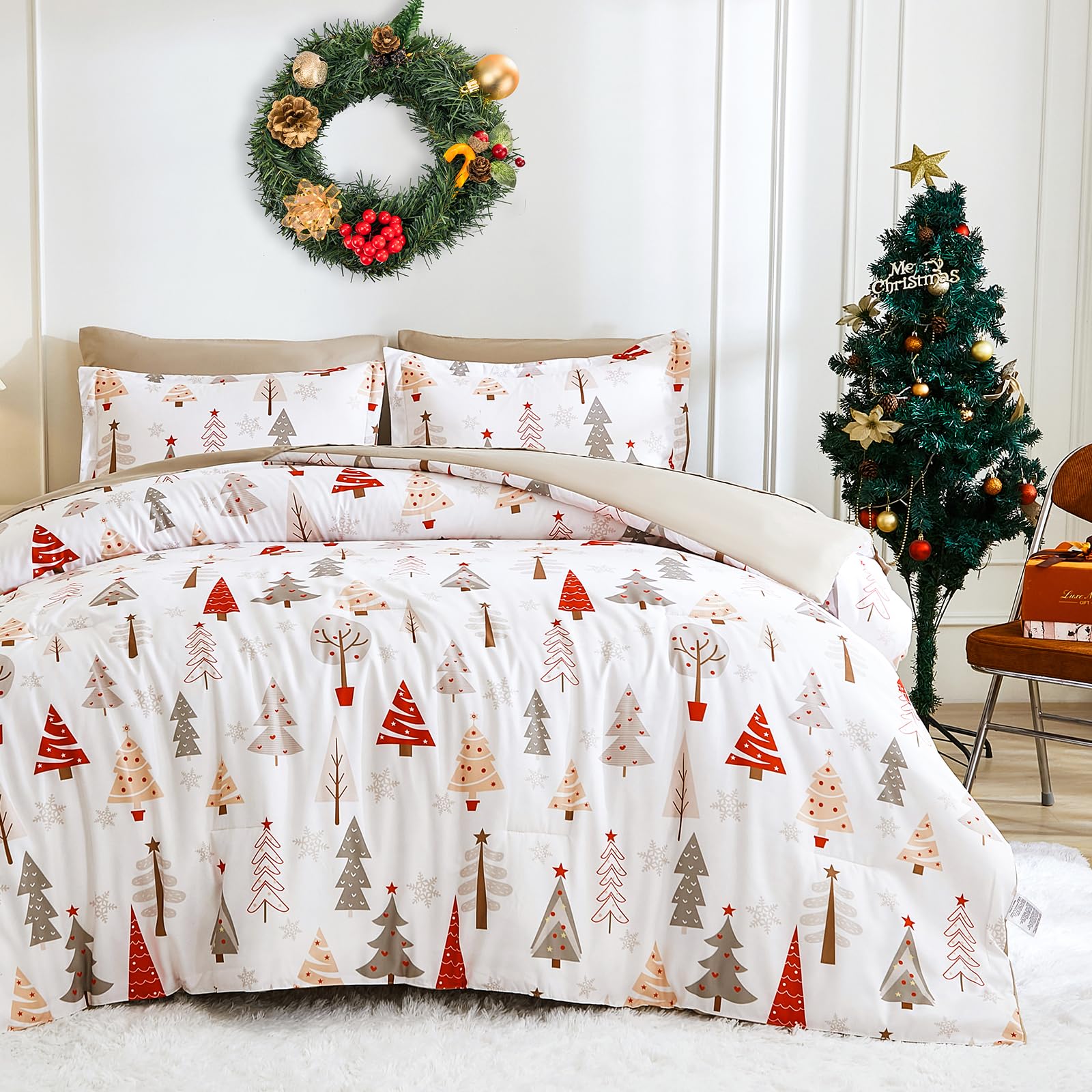 Amazon.com: Luxudecor Christmas Queen Comforter Set 7 Pieces, Christmas ...