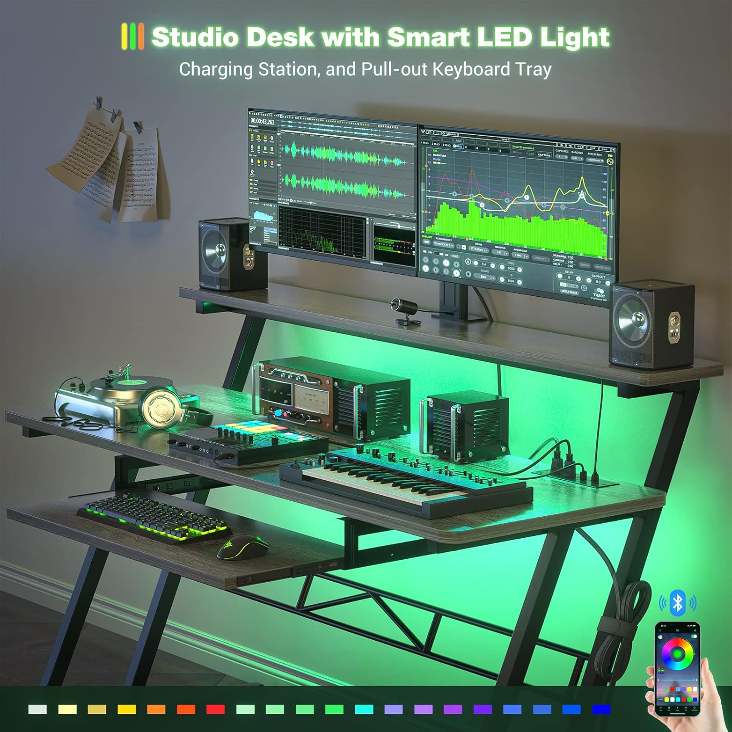 armocity Music Studio Desk with Power Outlets and RGB LED Lights, Music ...