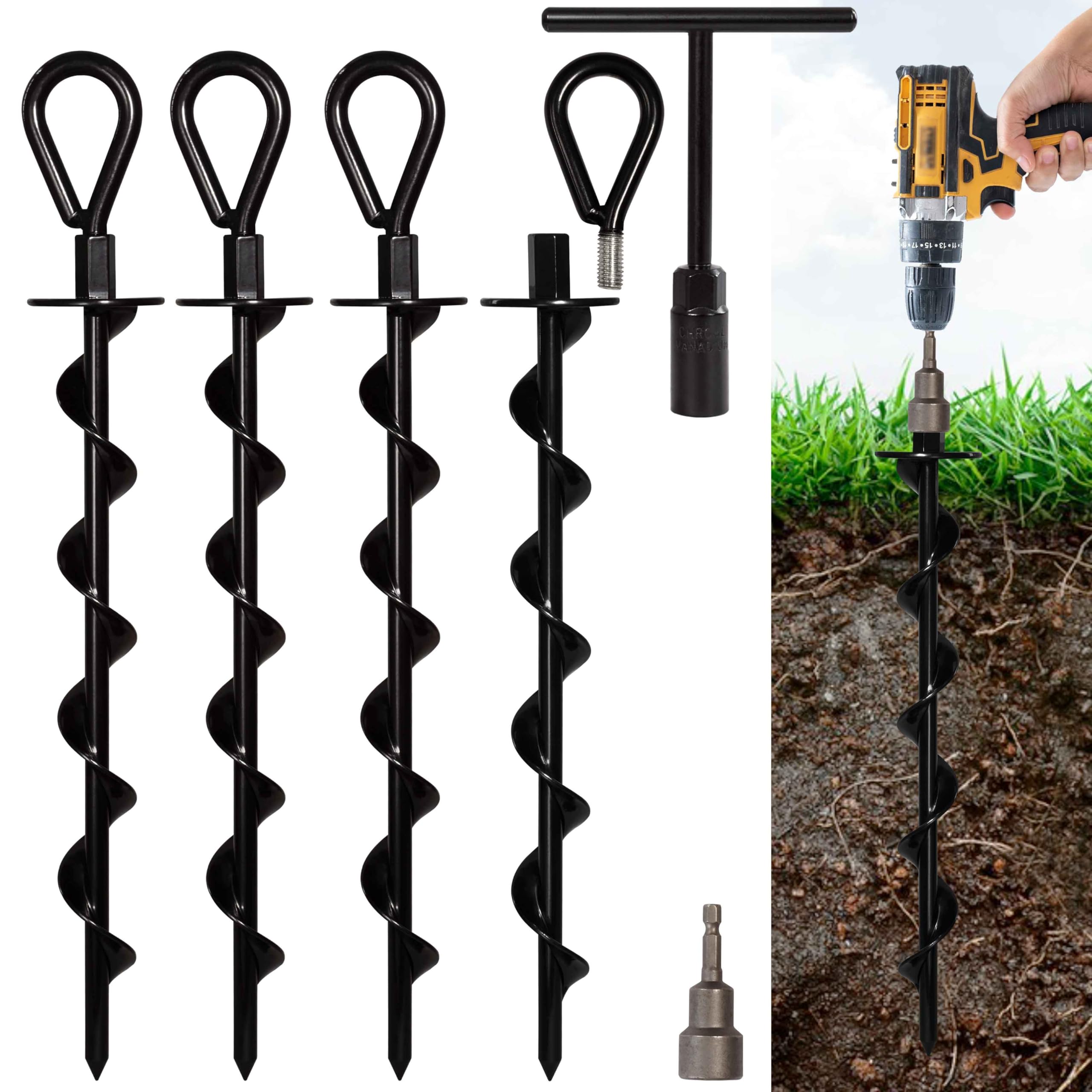 Amazon.com: VASGOR 15" Ground Anchors (4pcs) Easy to Use with Drill ...