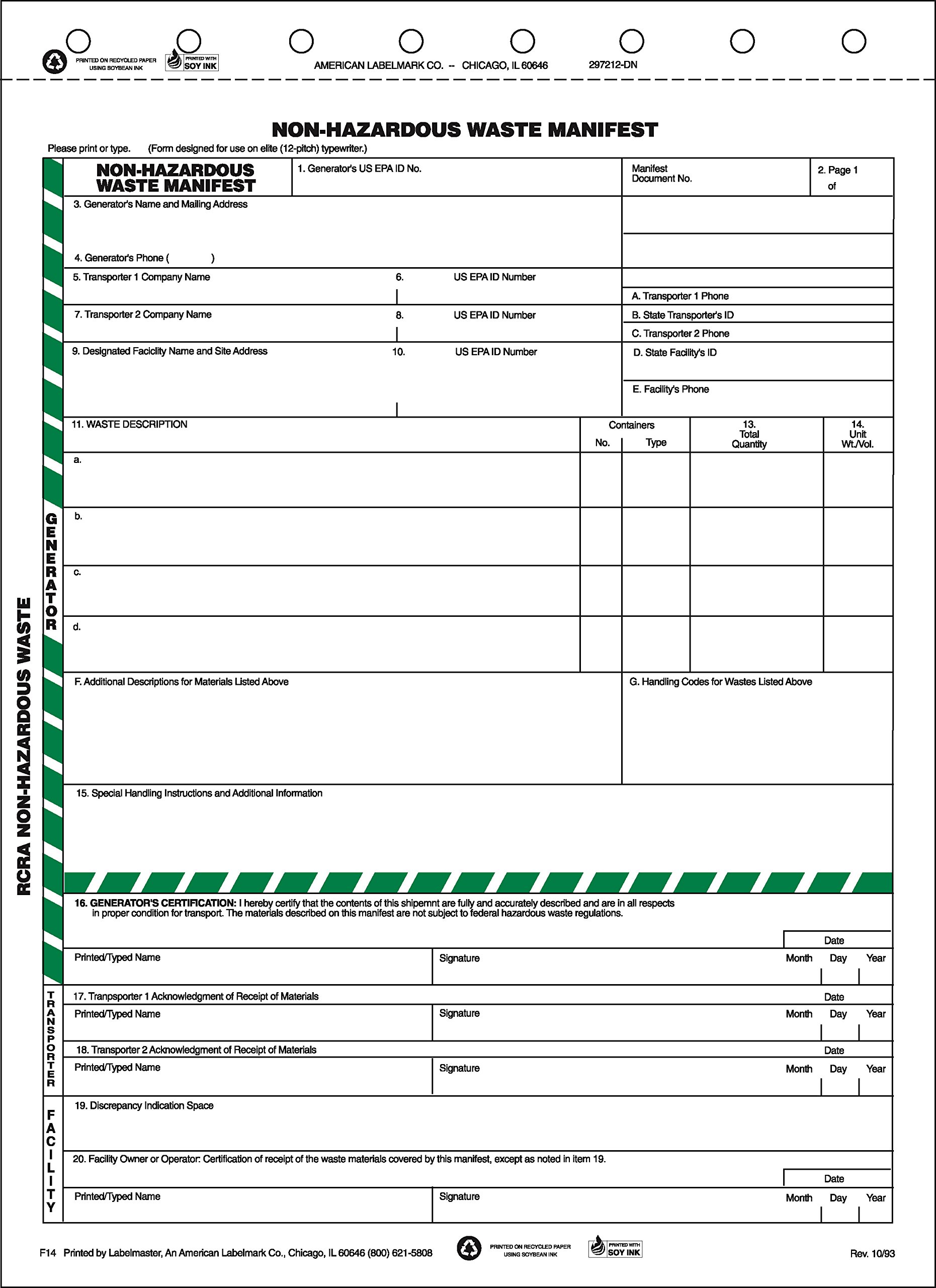 Labelmaster F14 Non-Hazardous Waste Manifest Form, Snap-Out, 6-Part ...