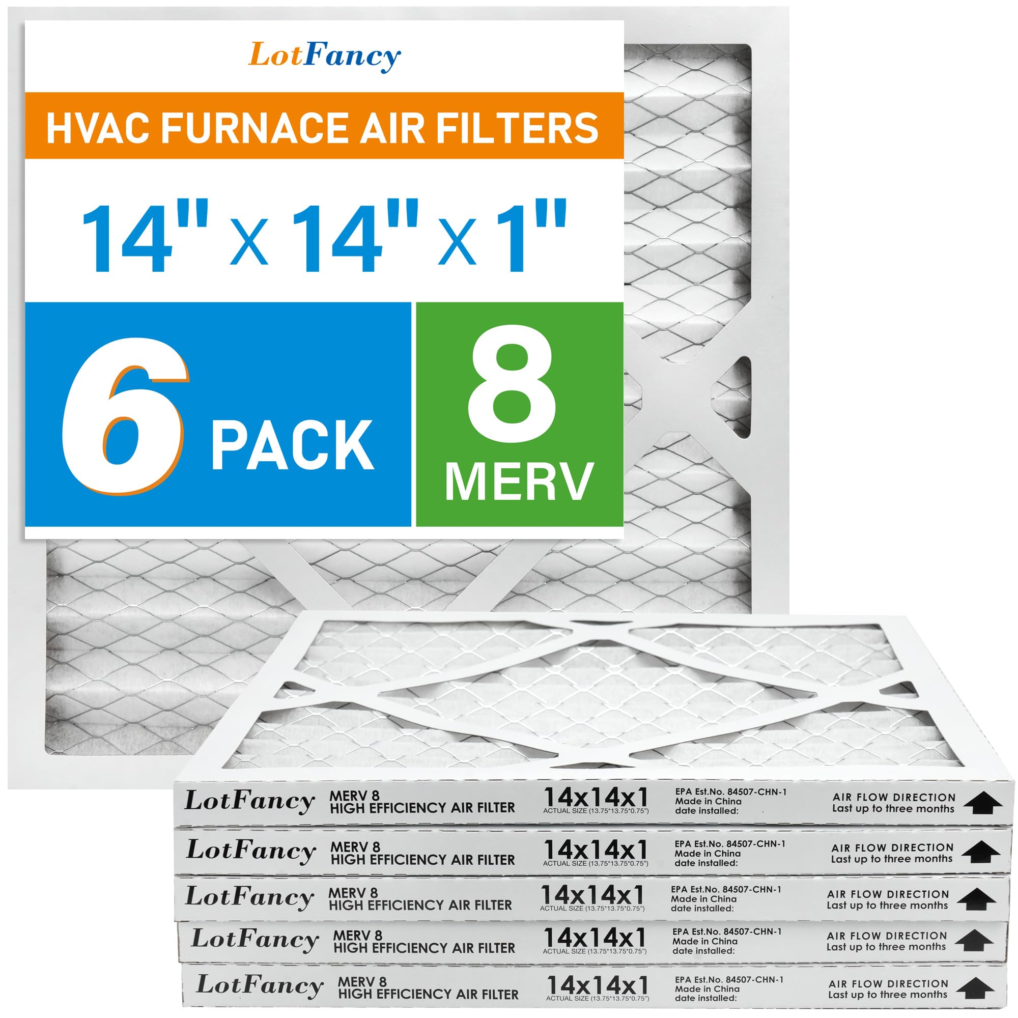 LotFancy 14x14x1 Air Filter 6-Pack | MERV8 Pleated HVAC Furnace Filters ...