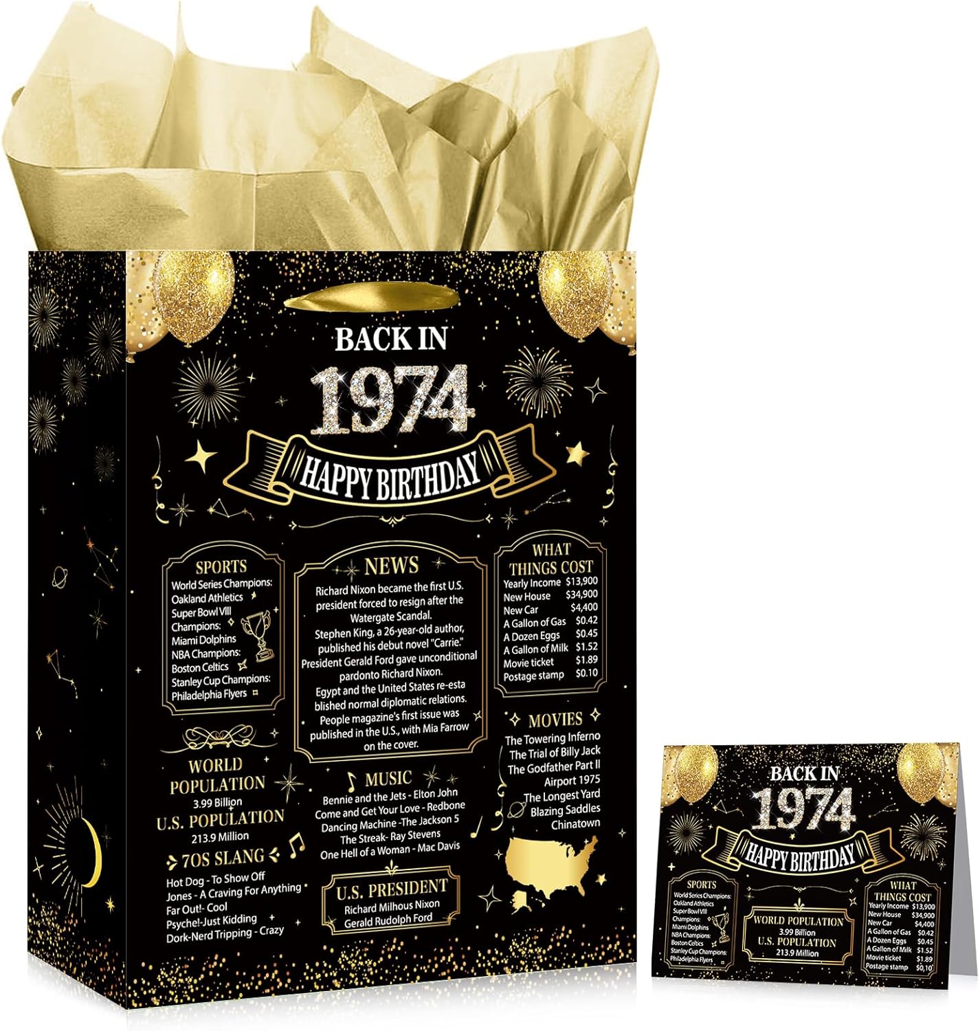 Amazon.com: Large 50th Birthday Gift Bag Black Gold Present Bag Happy ...