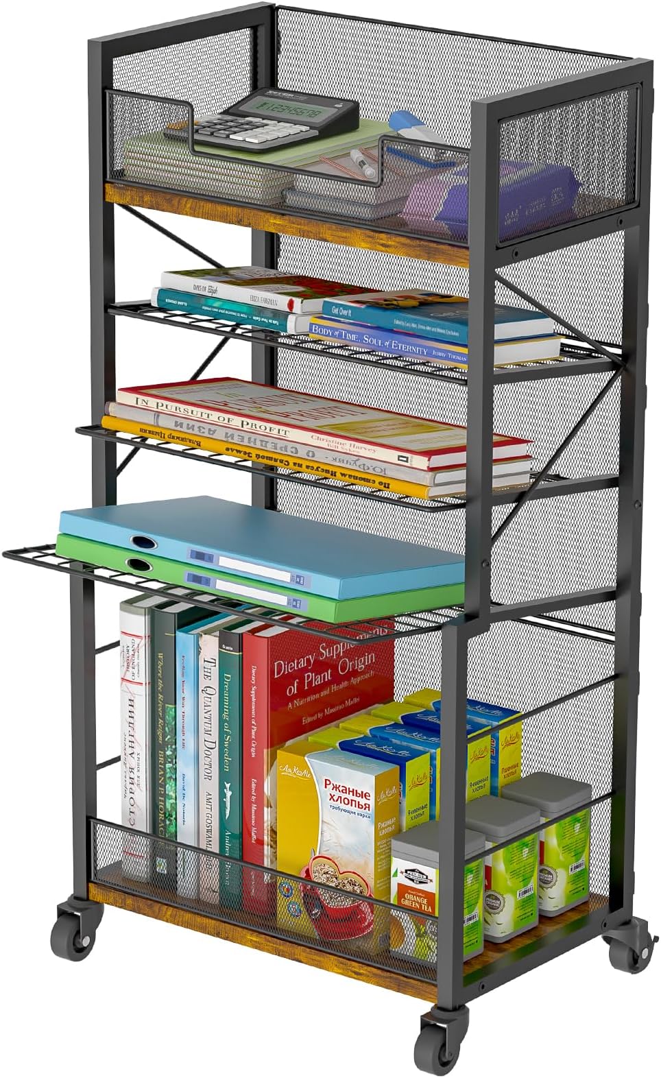 Amazon.com: Heyexiha 5 Tier Rolling Book Cart with Sliding Trays ...