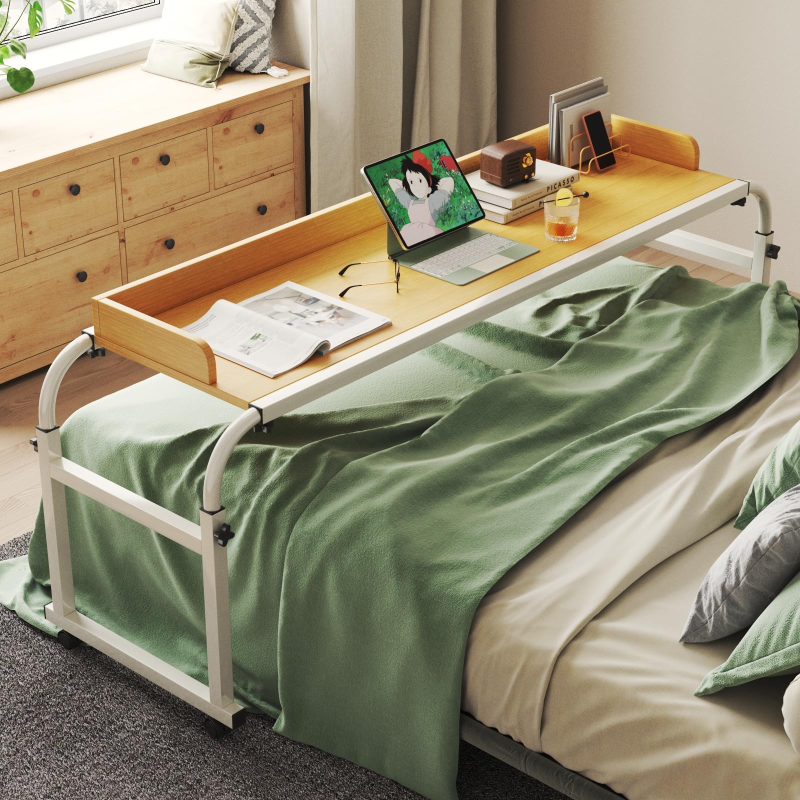 Barlezy Overbed Table, Adjustable Width/Height Overbed Desk with Wheels ...
